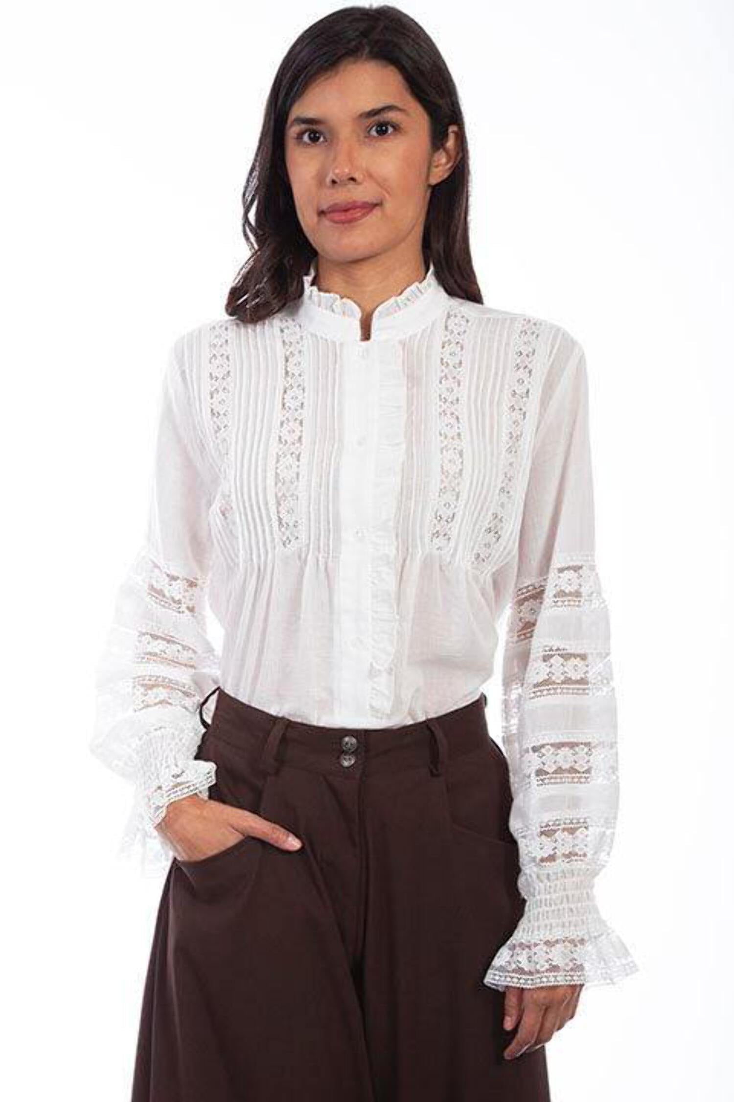 Scully RW613-WHT-L Women Crochet Trim Poet Blouse, White - Large ...