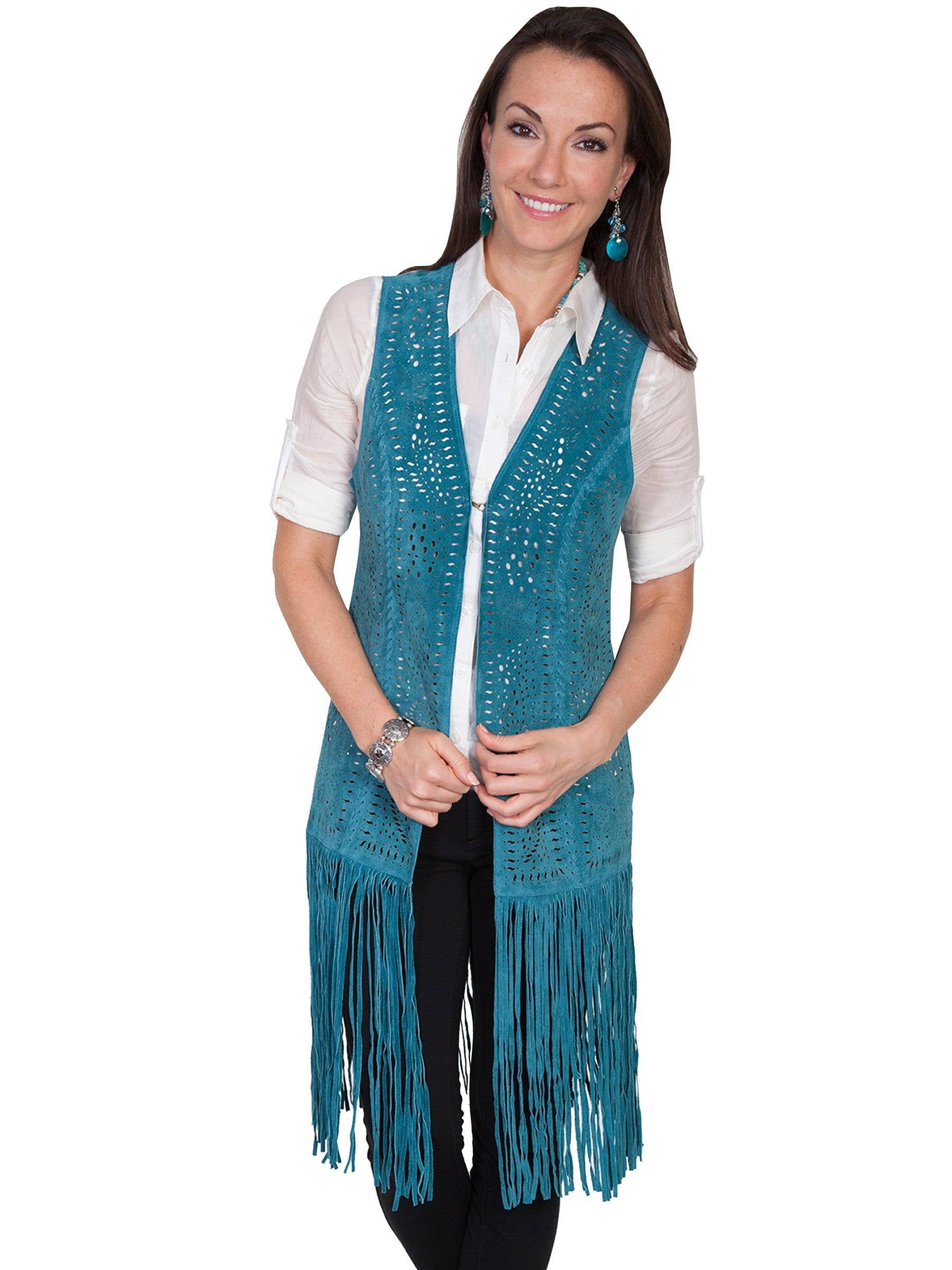 Scully Western Vest Womens Leather Laser Cut Long Fringe L996 - Walmart.com