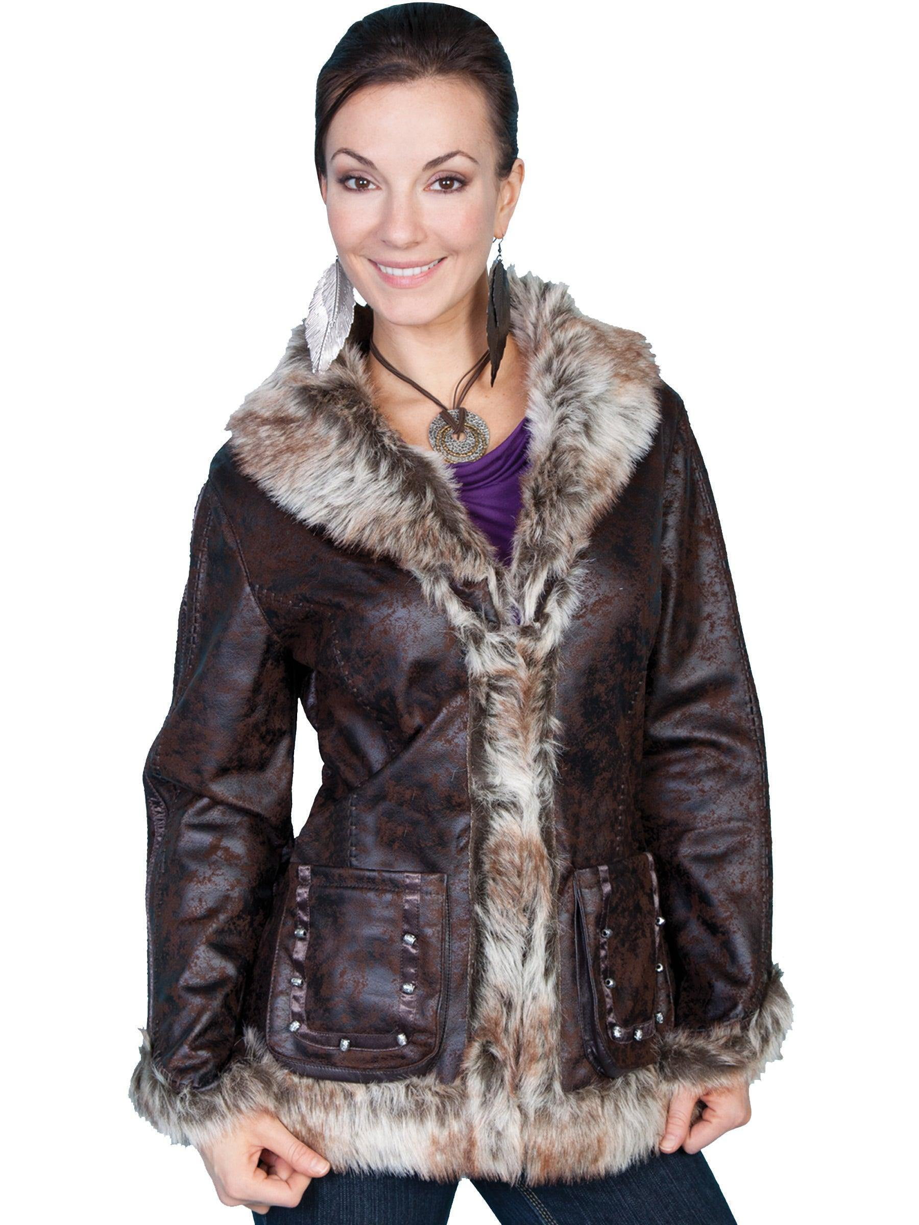 Scully Women's Faux Leather And Fur Jacket Dark Brown Small US ...