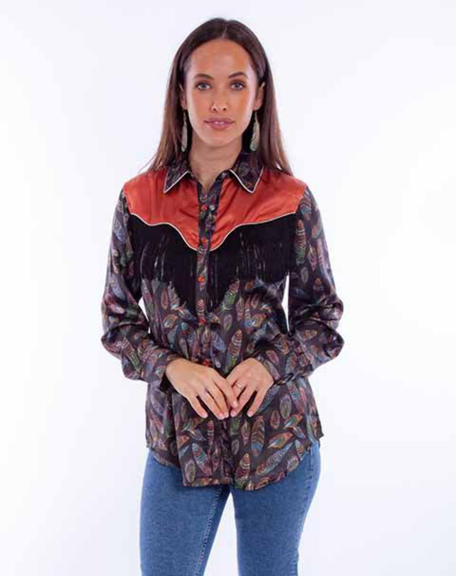 Scully Women's Feather Print Long Sleeve Pearl Snap Western Fringe ...