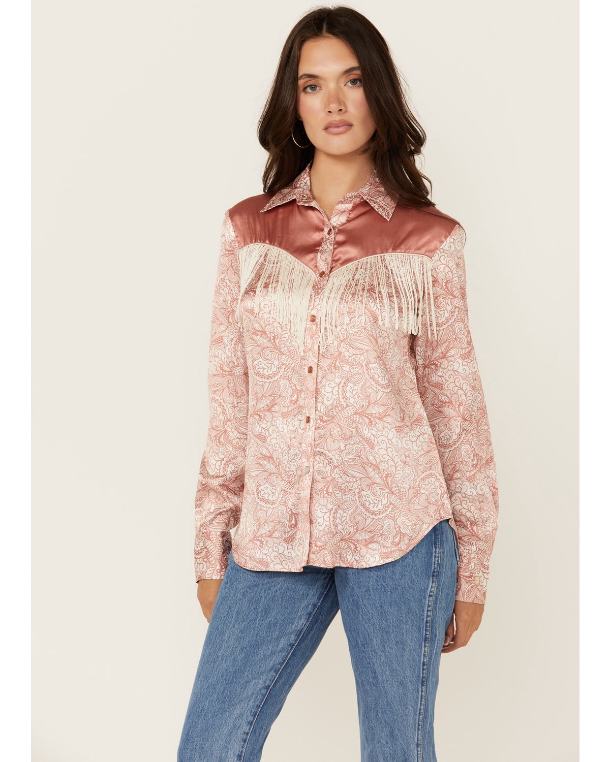 Scully HC928-PCH-L Womens Paisley Print Fringe Long Sleeve Snap Western ...