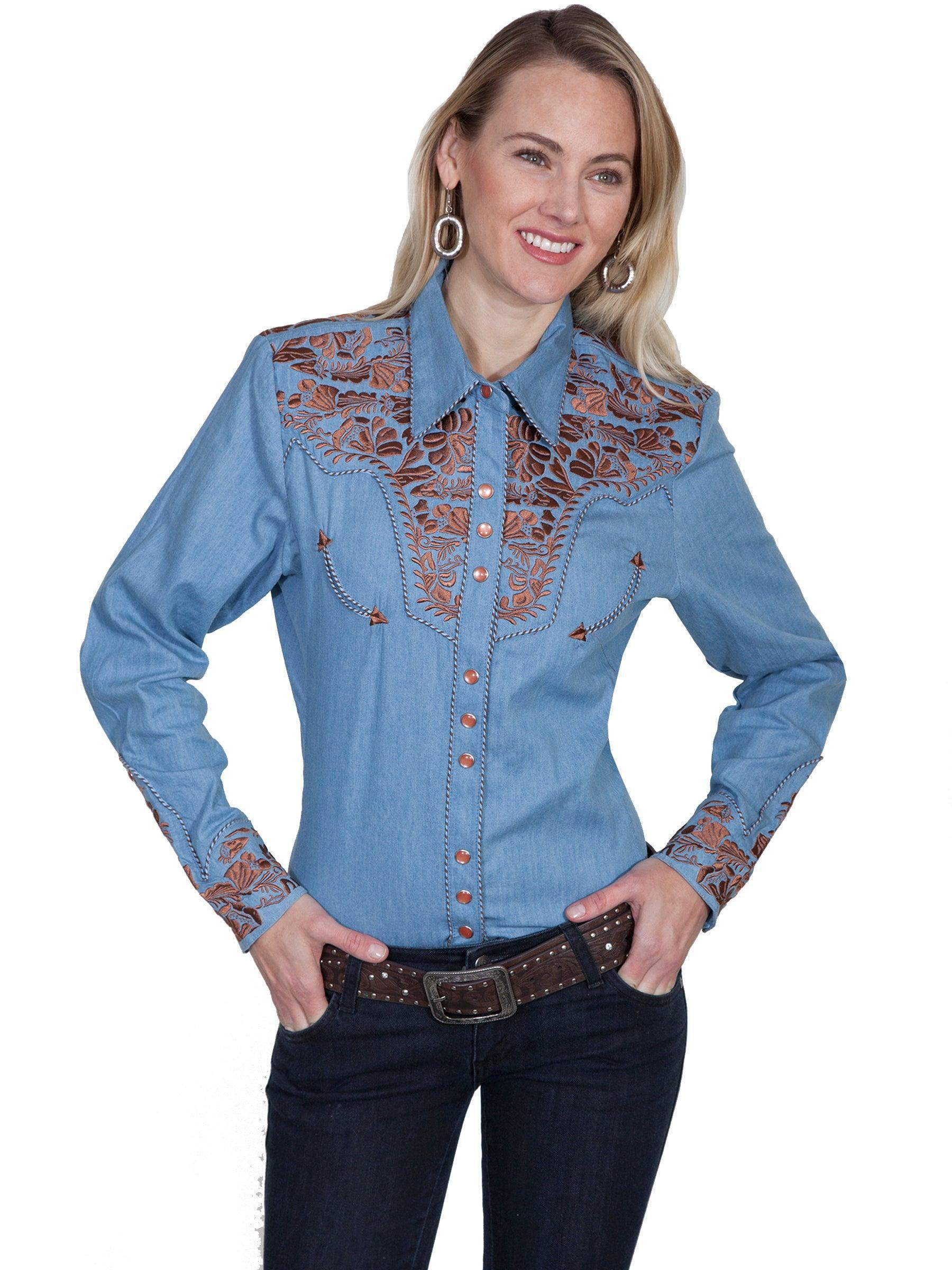 Scully Western Womens Blue Polyester L/S Floral Stitch Western Shirt M - Walmart.com