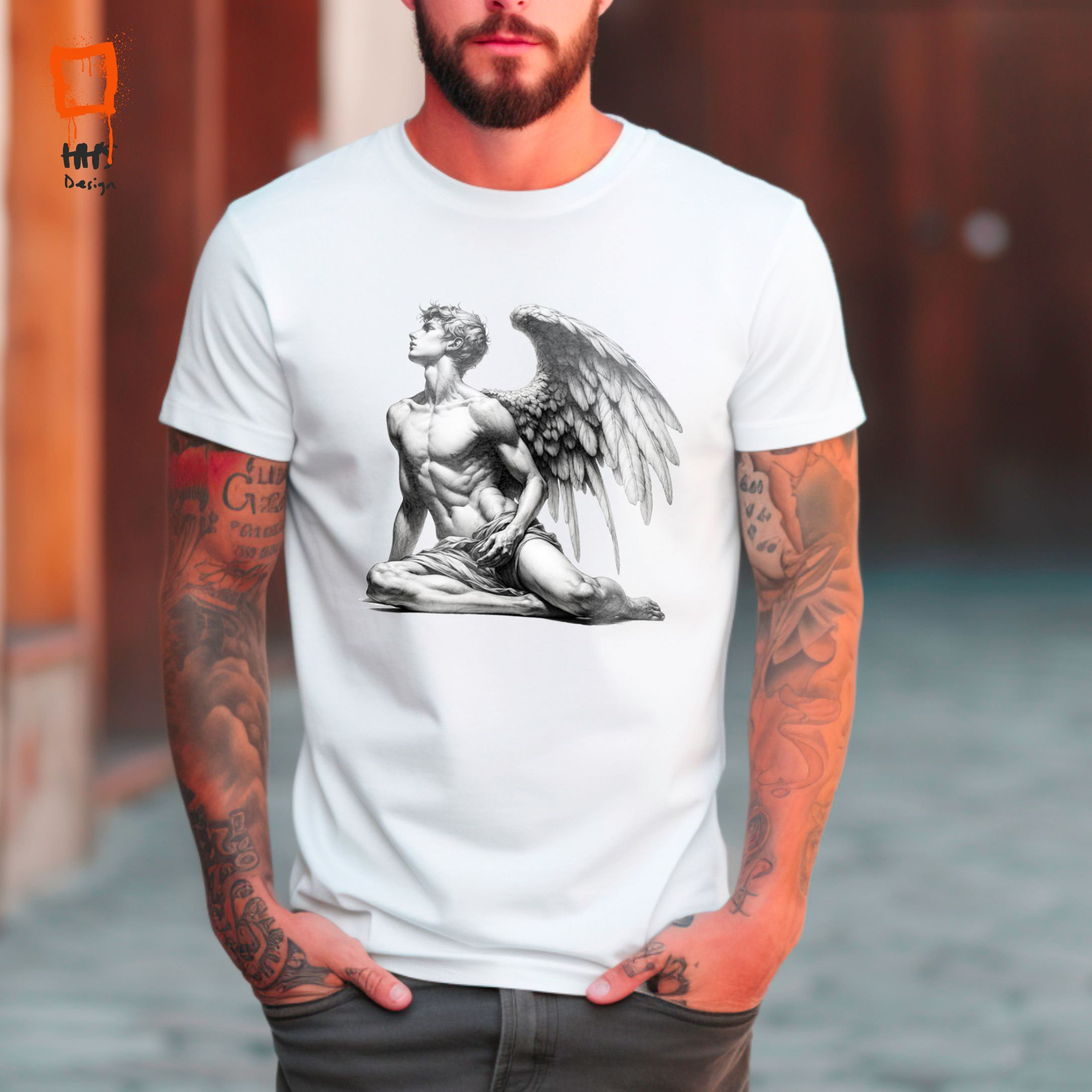 Sculpted Angel Warrior T-Shirt - Majestic Winged Hero Graphic Tee ...