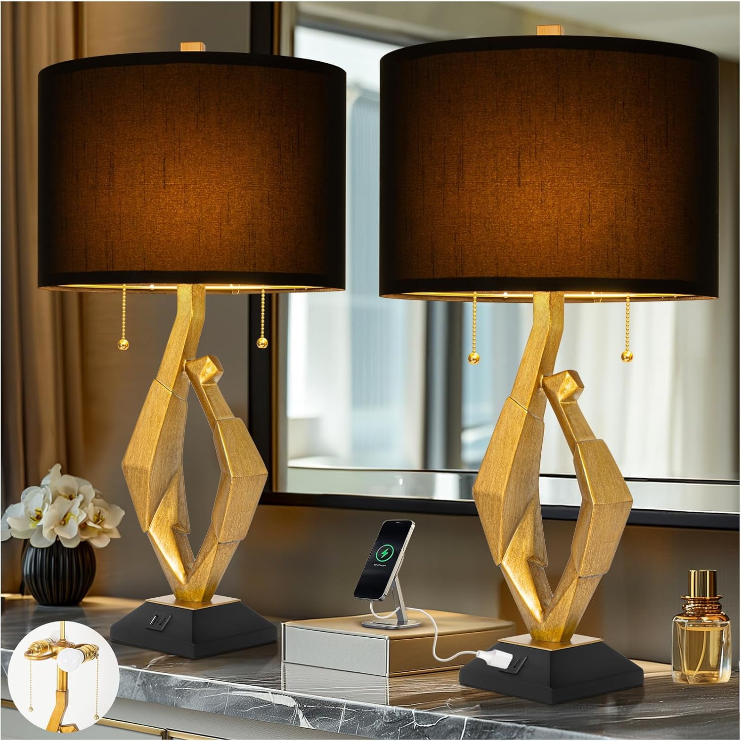 Sculptural Table Lamp Set of 2 with USB Ports For Living Room, Gold ...