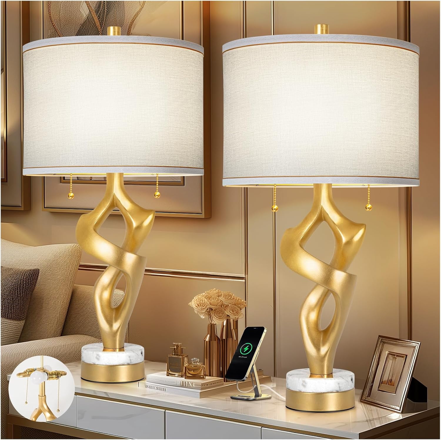 Sculptural Table lamp Set of 2 for Living Room with Marble Base & USB ...