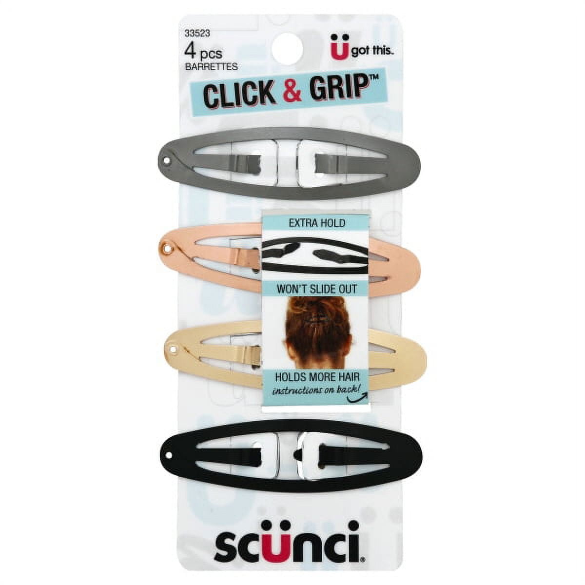 Scunci Clip & Grip Double Hair Barrettes, Assorted Colors, 4-Pieces ...