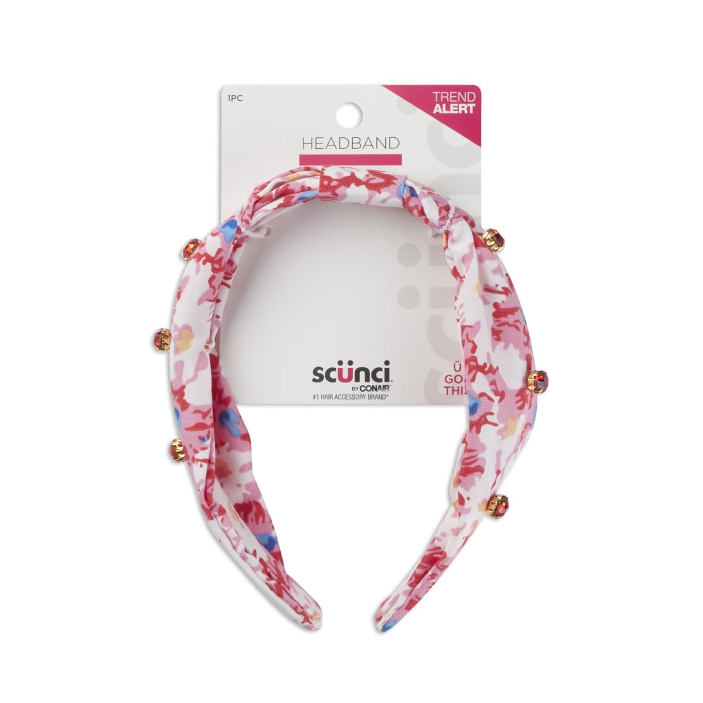 Scunci Floral Satin Headband with Gemstone Embellishments, Pink and ...