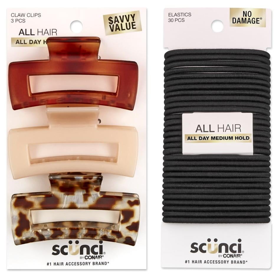 Scunci Neutrals Open Cut Rectangular Claw Clips & No Damage Elastic ...