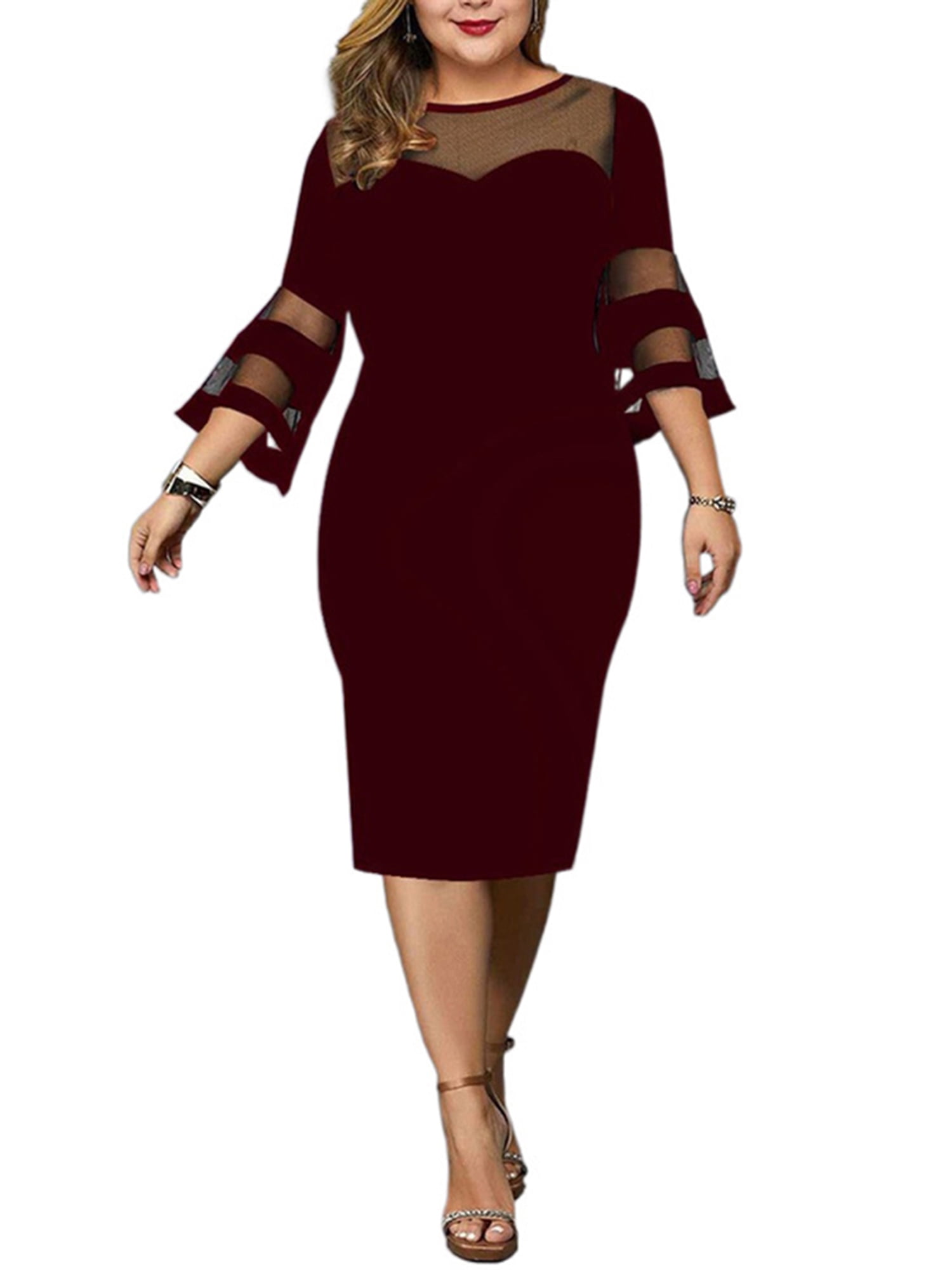 Scvgkk Womens Elegant Flared Sleeve Evening Party Formal Dress Plus ...