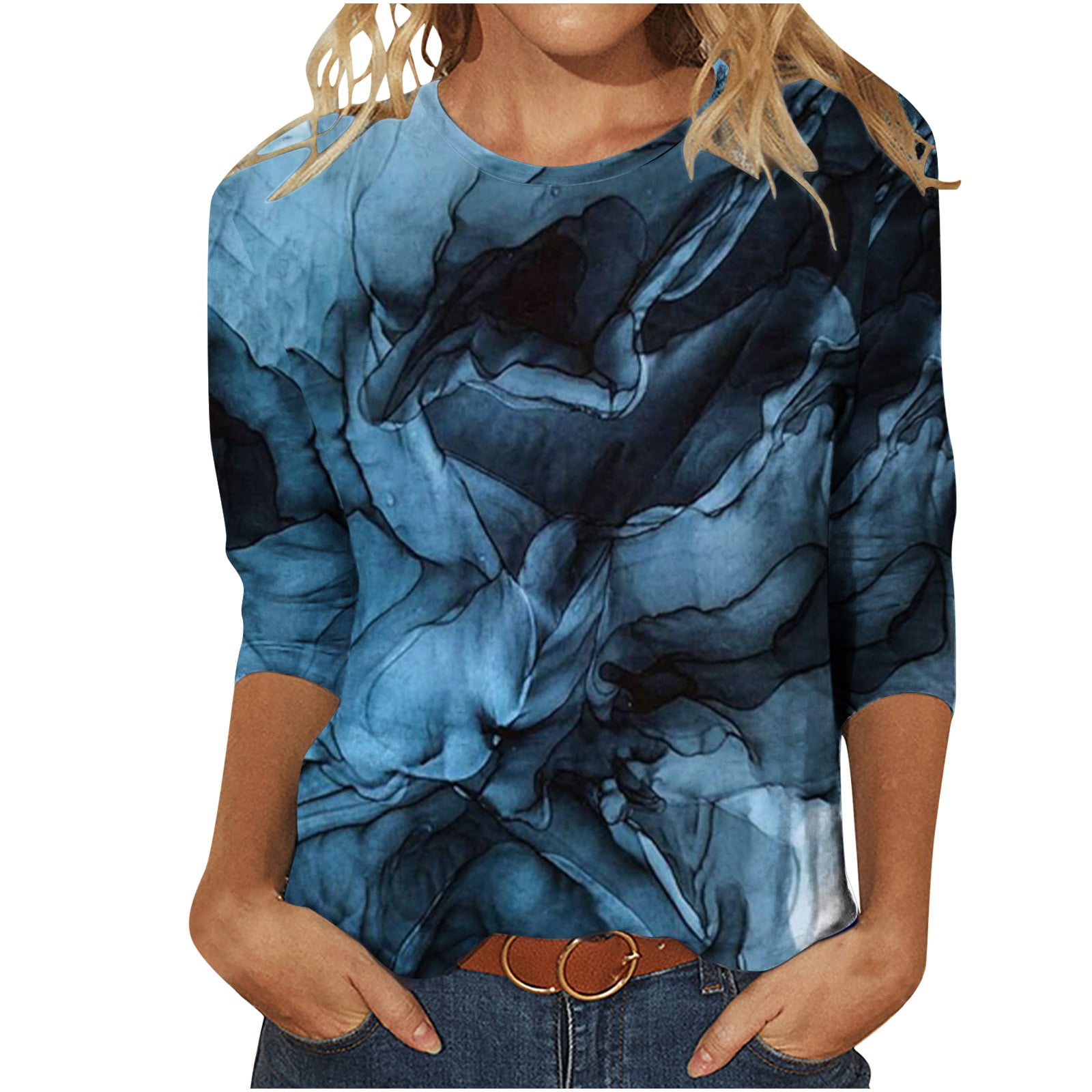 Scyoekwg 0 Spring and Autumn Trendy 3/4 Sleeves Shirts for Womens Casual Round Neck Marble Print ...