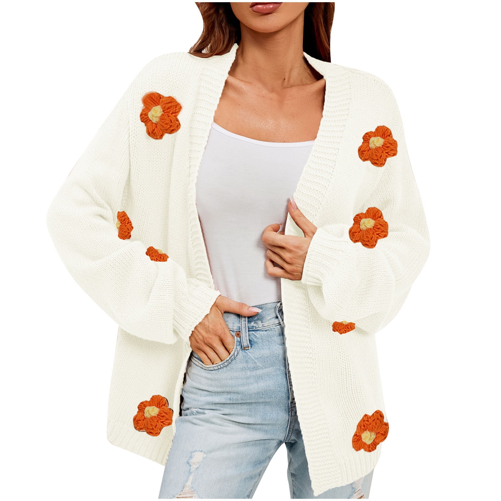 Scyoekwg Cardigan Sweaters for Women Cute Open Front Cropped Flower ...