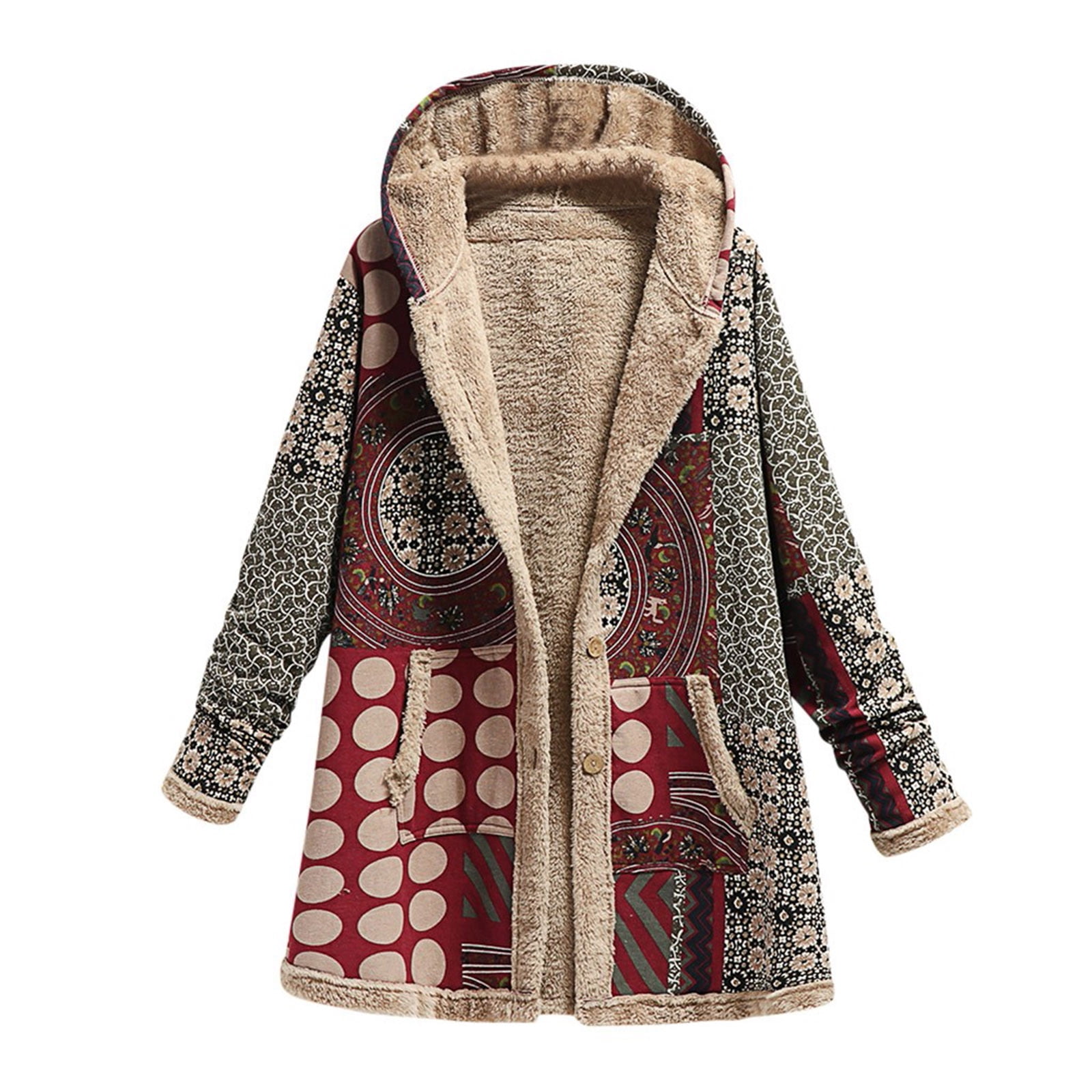 Scyoekwg Women's Fleece Jacket, Fall Winter, Ethnic Print, Hooded, Warm ...