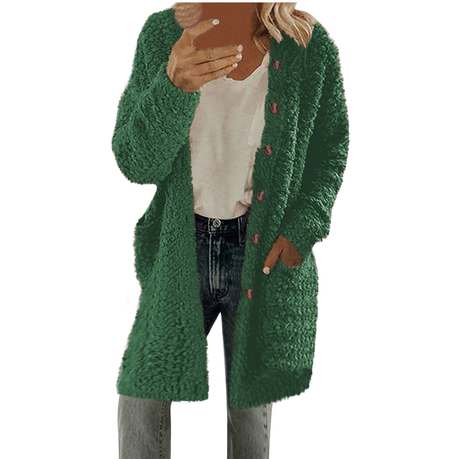 Scyoekwg Long Winter Coats for Women Button Plush Jacket Pocket Long ...