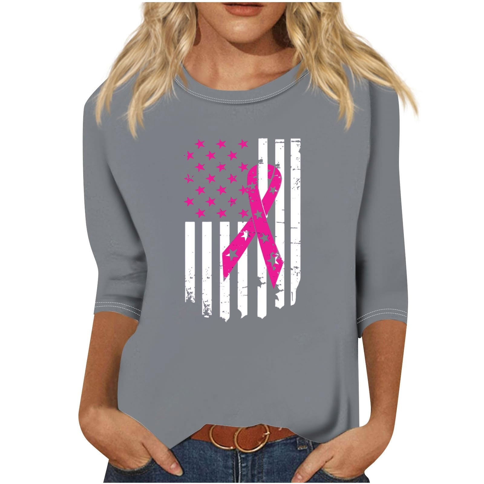 Scyoekwg Pink Tops for Women 3/4 Sleeve Breast Cancer Awareness T-Shirt ...