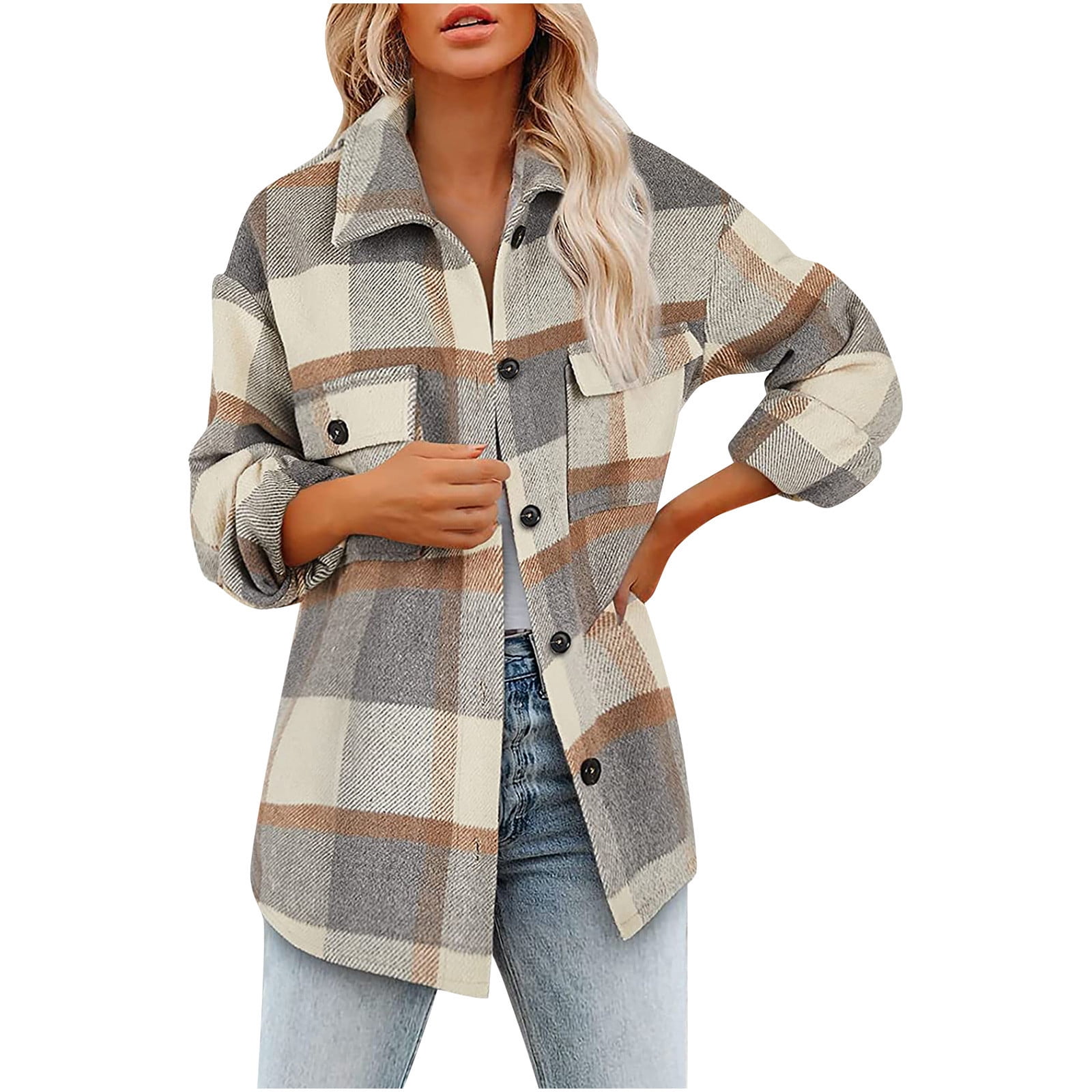 Scyoekwg Shacket Jacket Women Casual Lapel Plaid Jacket Button Down ...