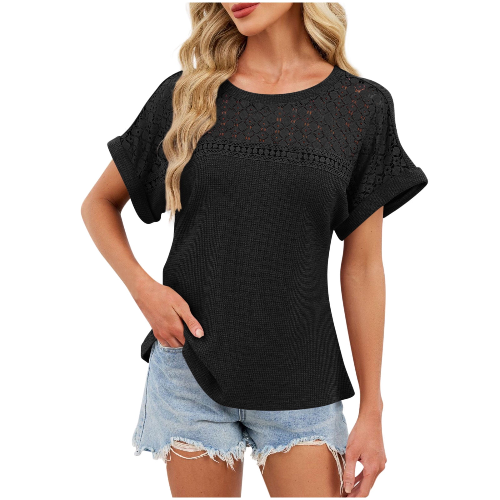 Scyoekwg Summer Blouses For Women Dressy Casual Crew Neck Lace Crochet ...