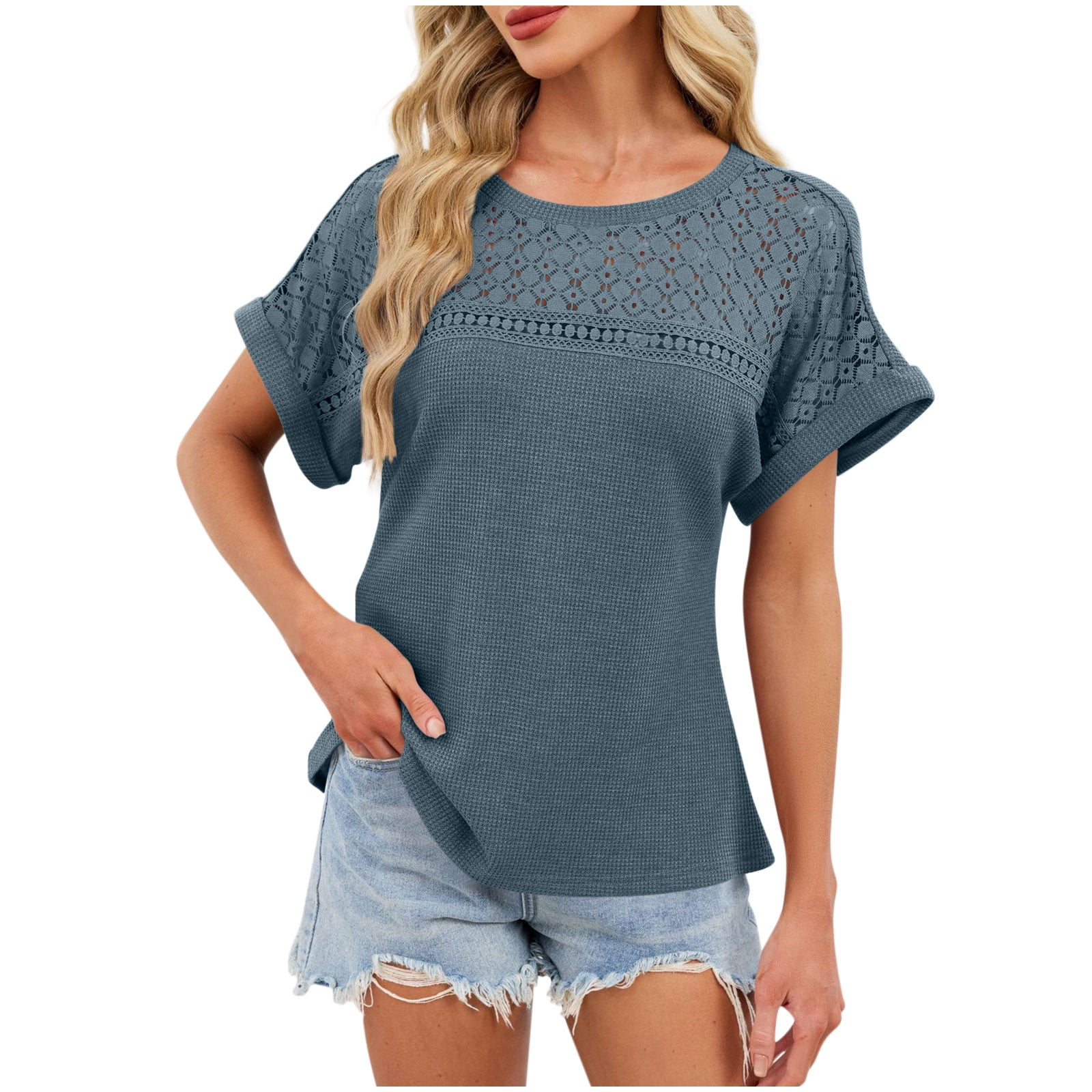 Scyoekwg Summer Blouses For Women Dressy Casual Crew Neck Lace Crochet ...