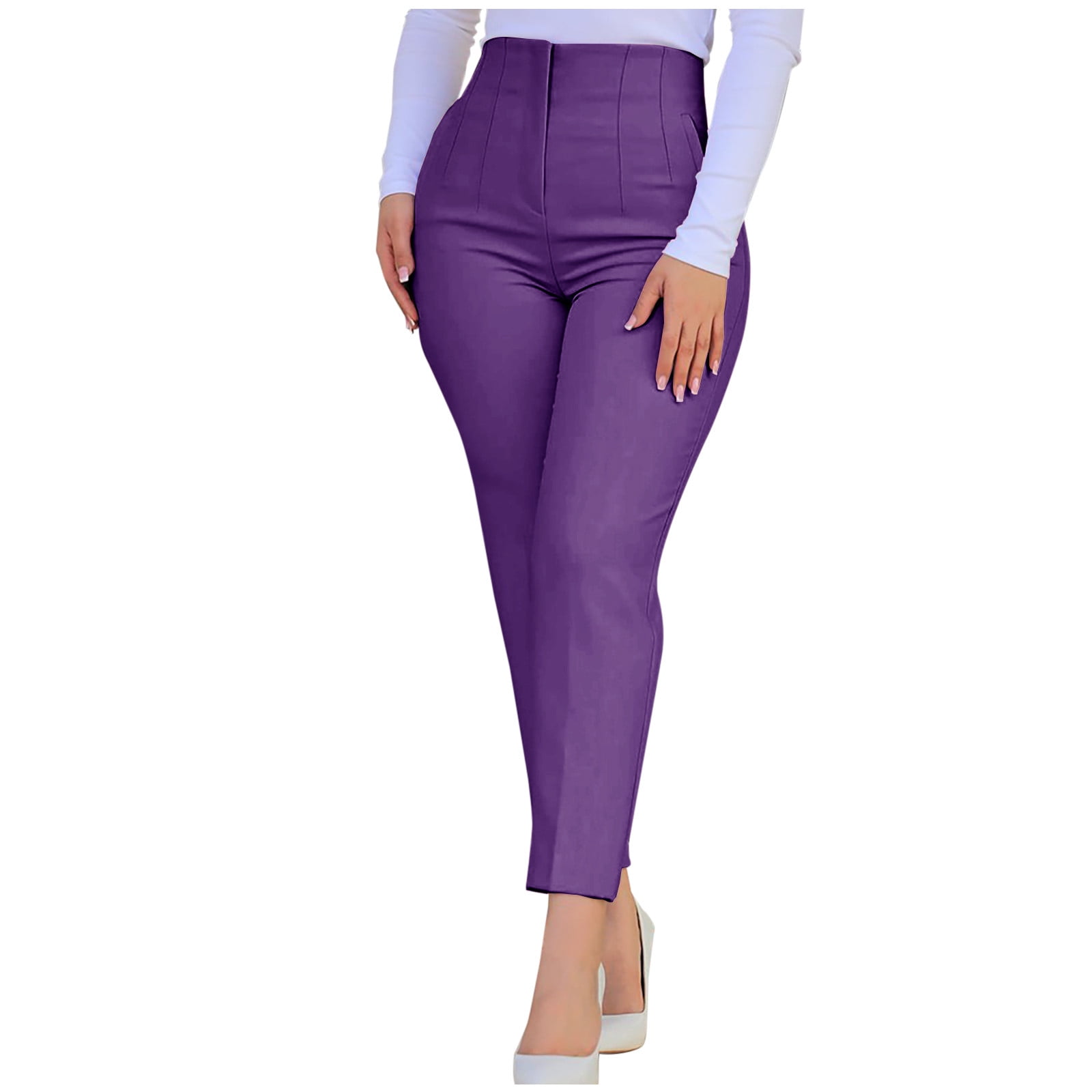 Scyoekwg Women Office Pants Slim High Waist Pleated Pockets Ninth ...