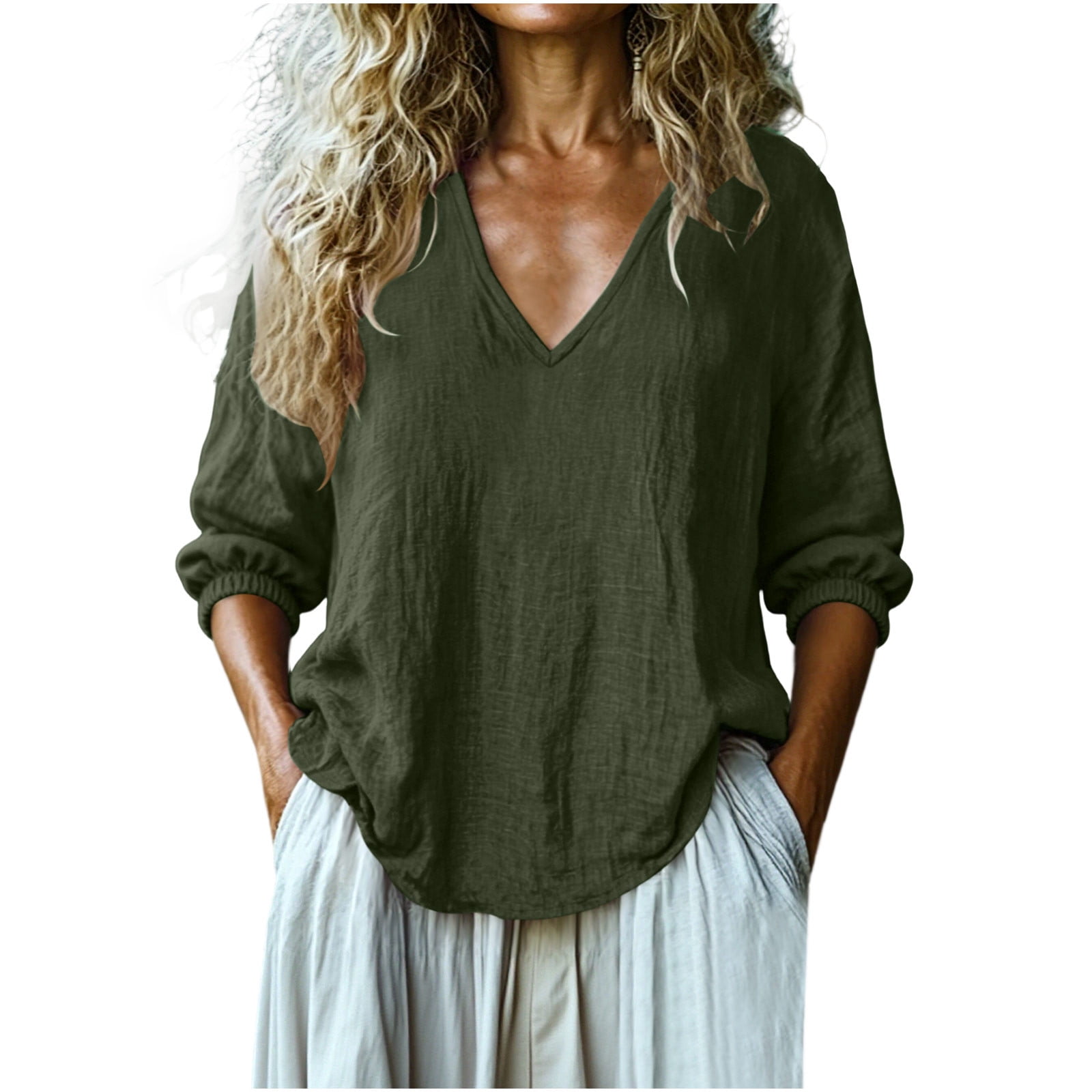 Scyoekwg Women'S 3/4 Sleeve Tops V Neck Cotton Linen Tunic Tops Casual ...