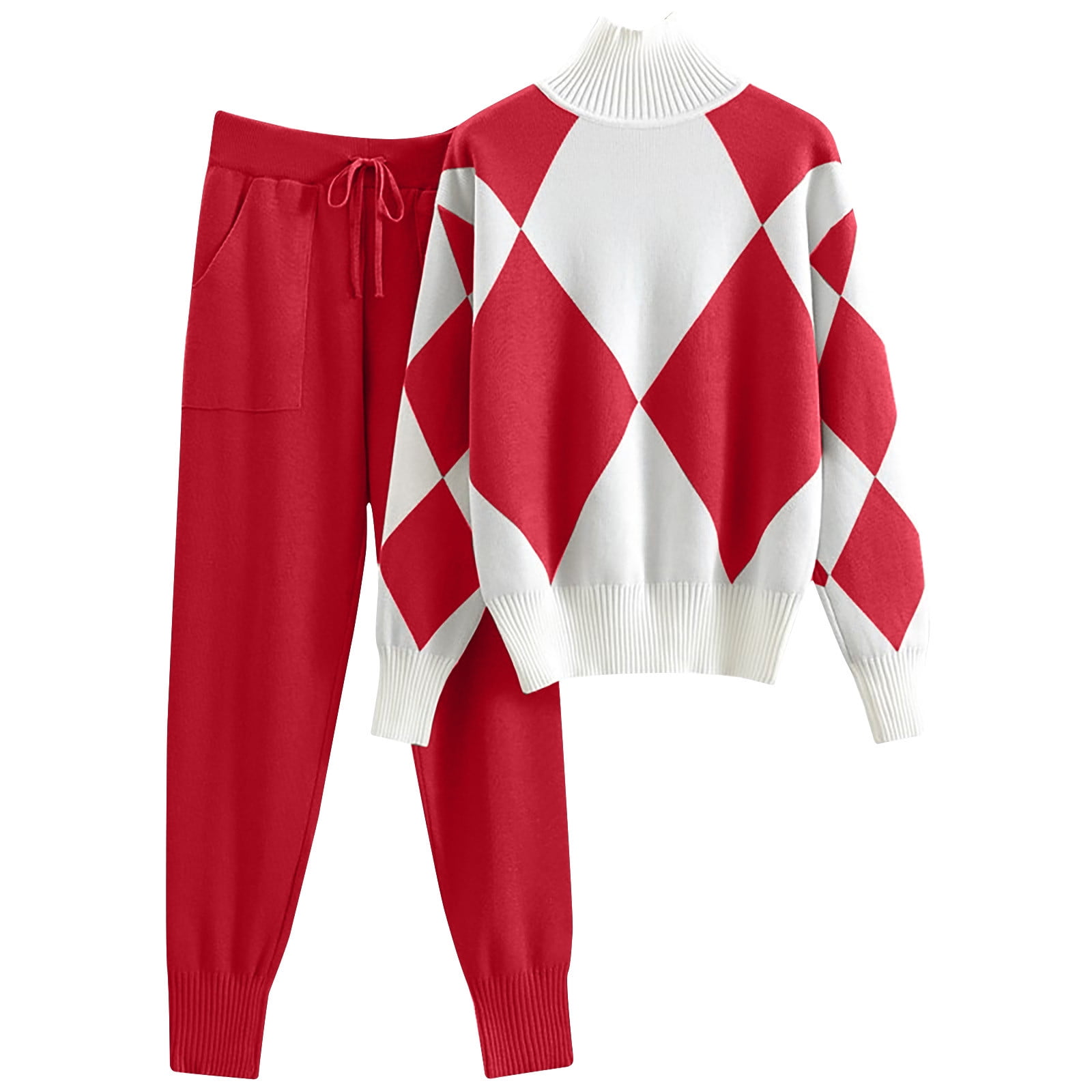 Scyoekwg Womens Knit 2 Piece Outfits Lounge Set Color Block Patchwork