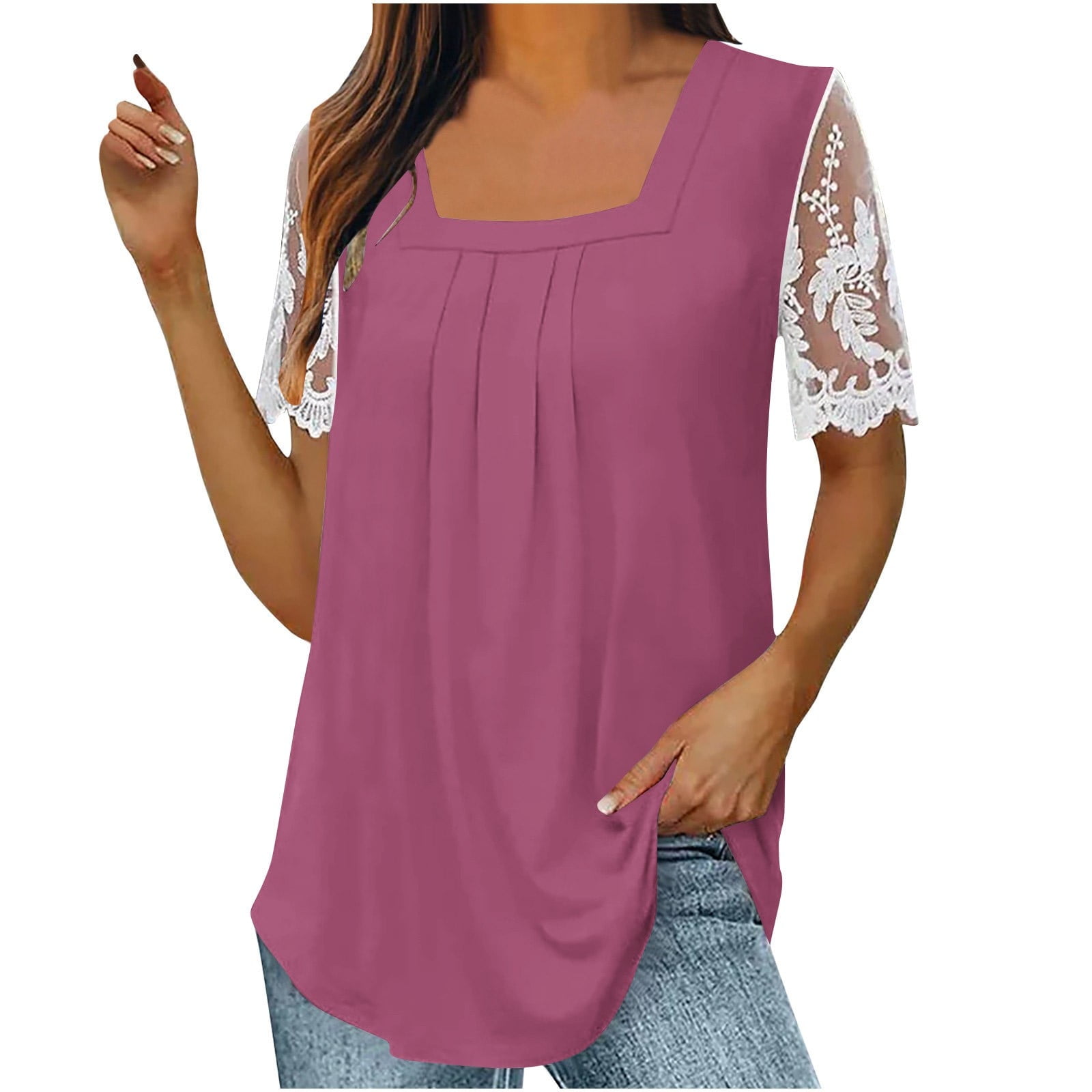 Scyoekwg Women's Summer Casual T-Shirts Lace Short Sleeve Square Neck Pleated Tunic Shirts Solid ...