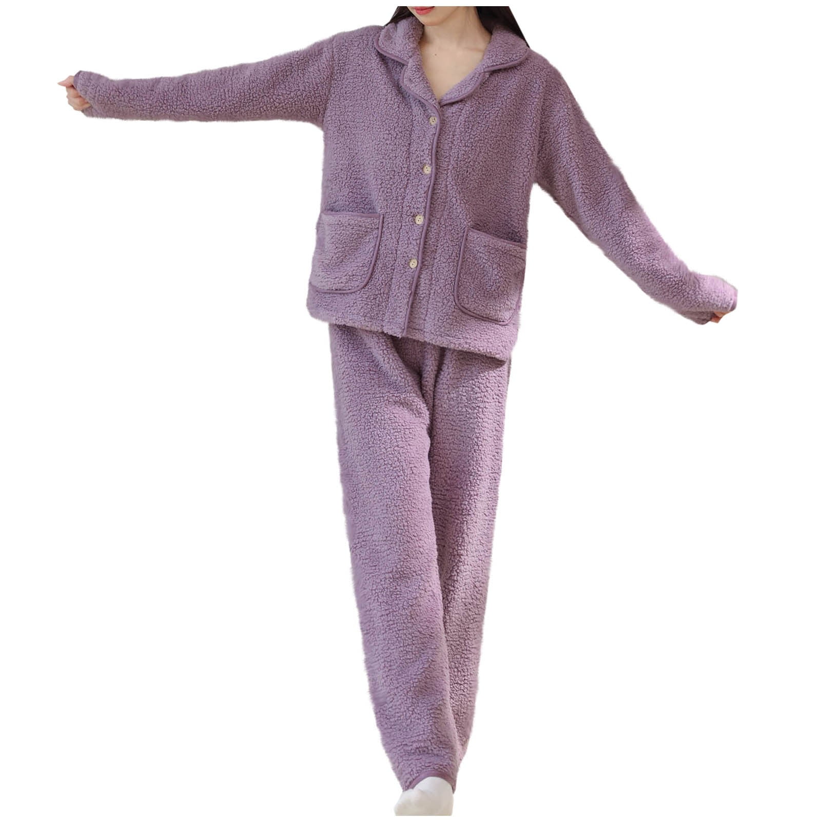 Scyoekwg Womens 2 Piece Outfits Lamb Wool Pajamas Sets Winter Lapel ...