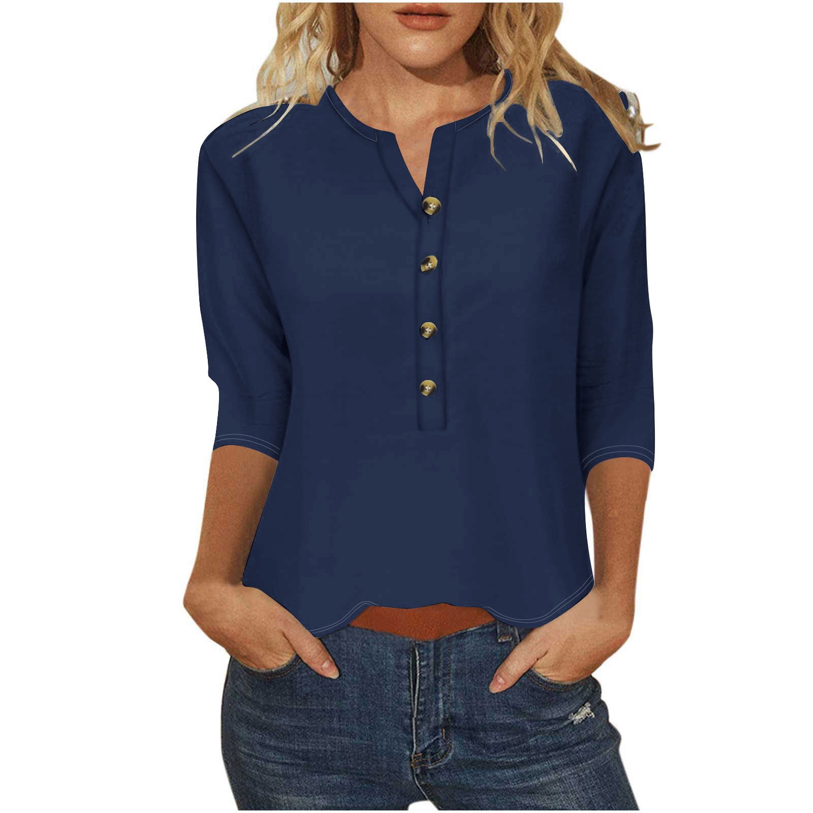 Scyoekwg Womens 3/4 Sleeve Shirts Casual V-Neck Button Three-quarter ...