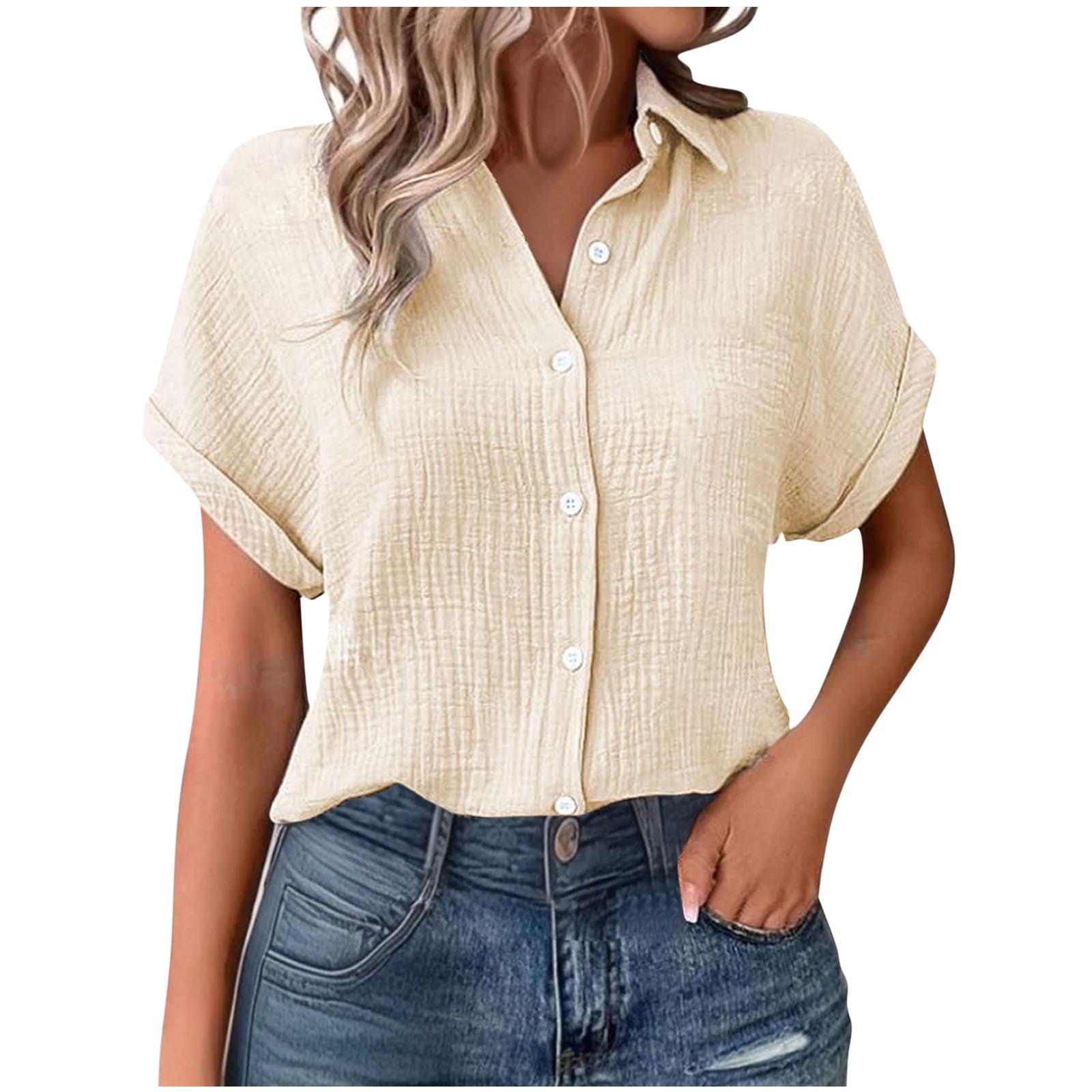 Scyoekwg Womens Button Down Shirt Rolled Cuffed Short Sleeve Blouse Ladies Summer Casual V Neck ...