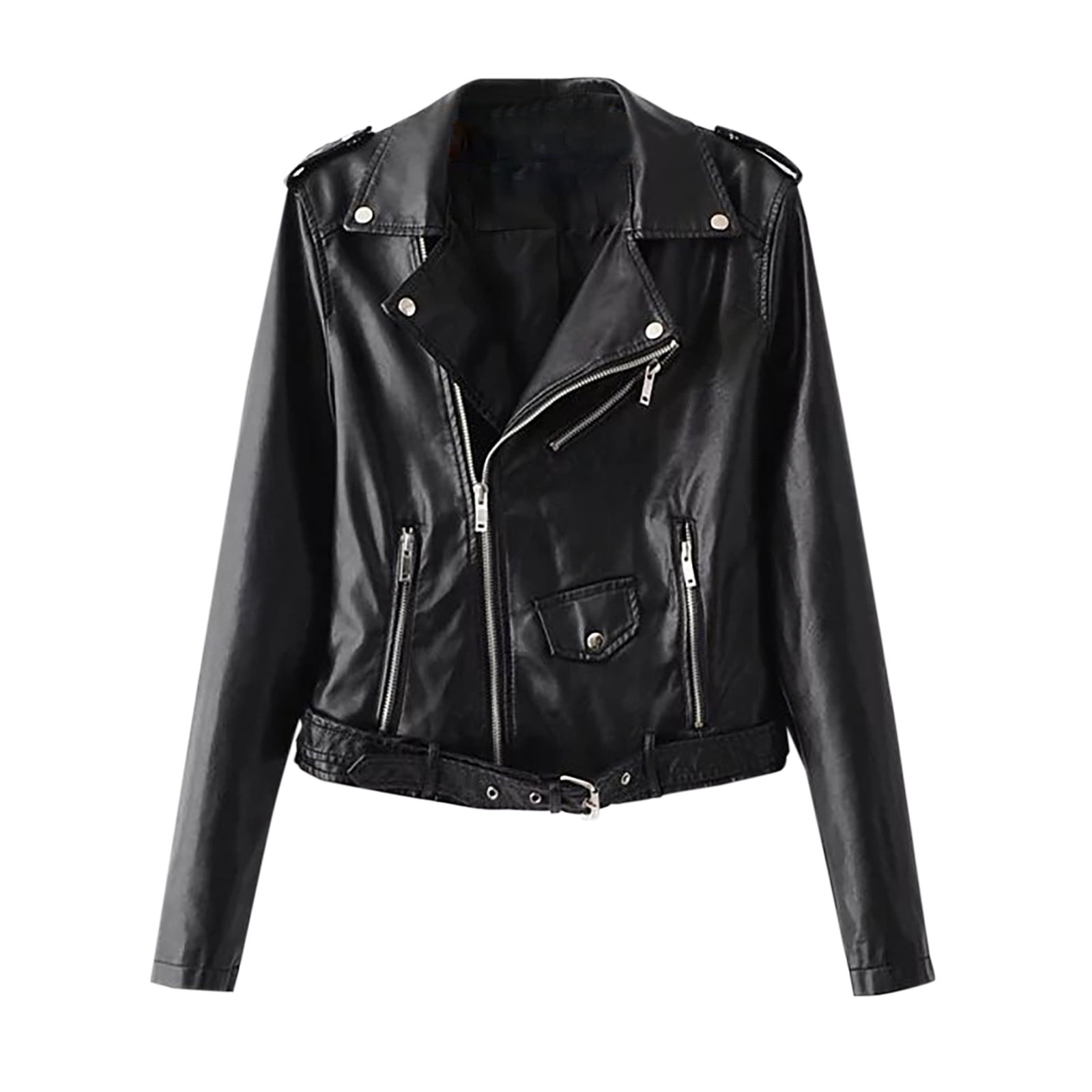 Scyoekwg Womens Coats Leather Jacket Moto Biker Coat Zipper Lapel Short Leather Coats Vintage ...