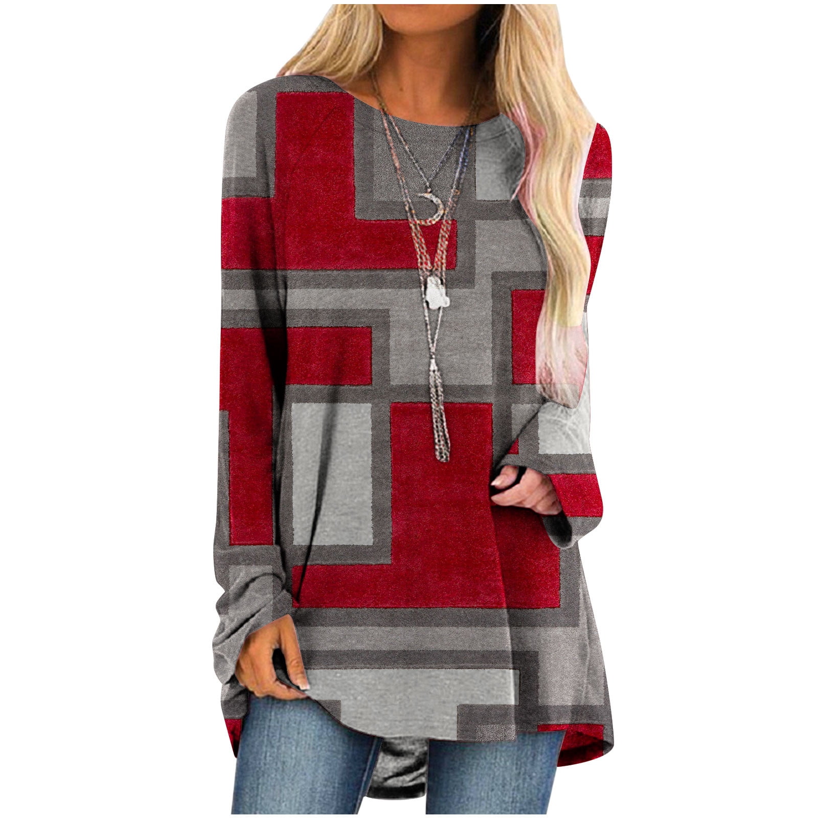 Scyoekwg Womens Color Block Geometry Printed Tops Trendy Crewneck Long ...