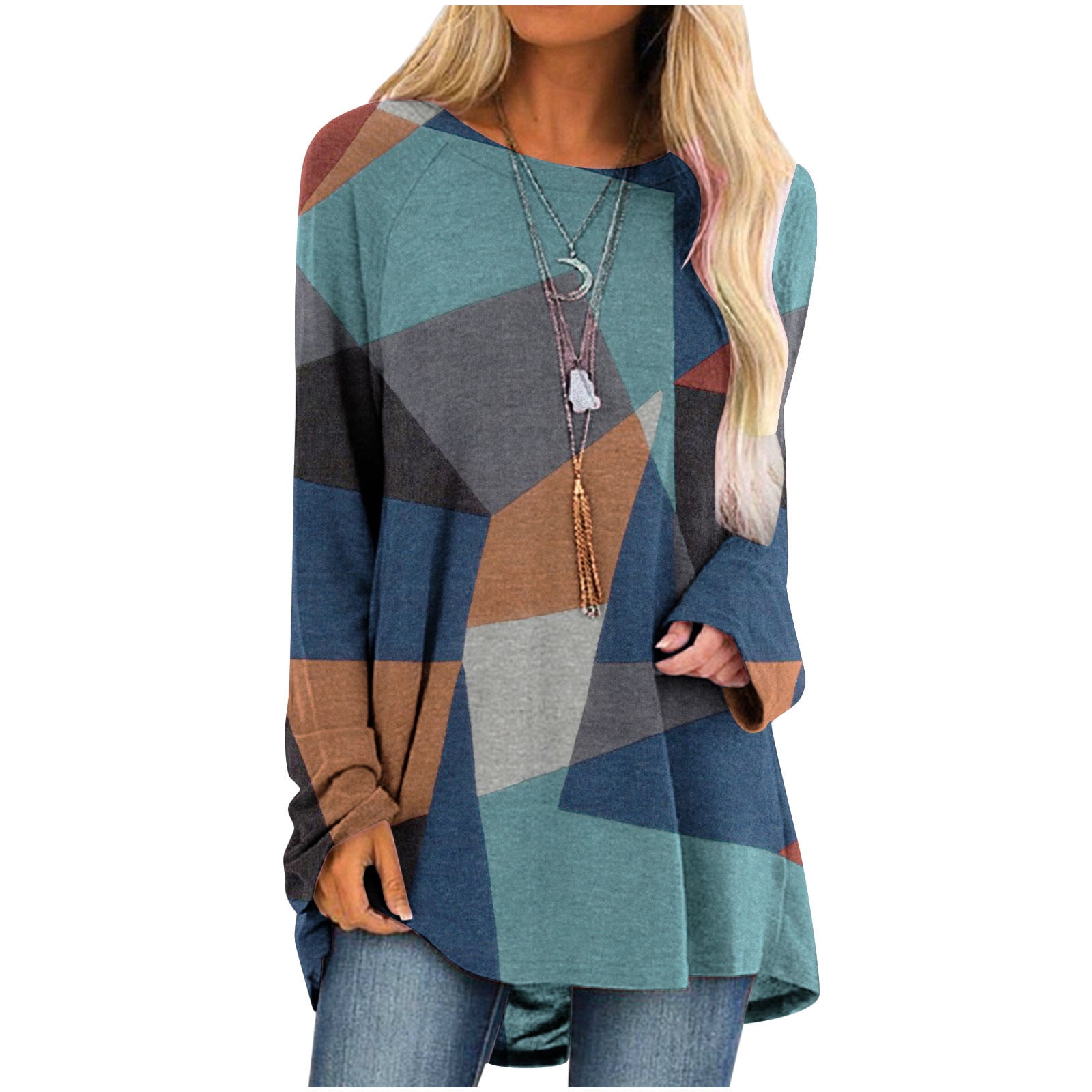 Scyoekwg Womens Crewneck Tunic Tops Trendy Color Block Geometry Printed Long Graphic Tees ...