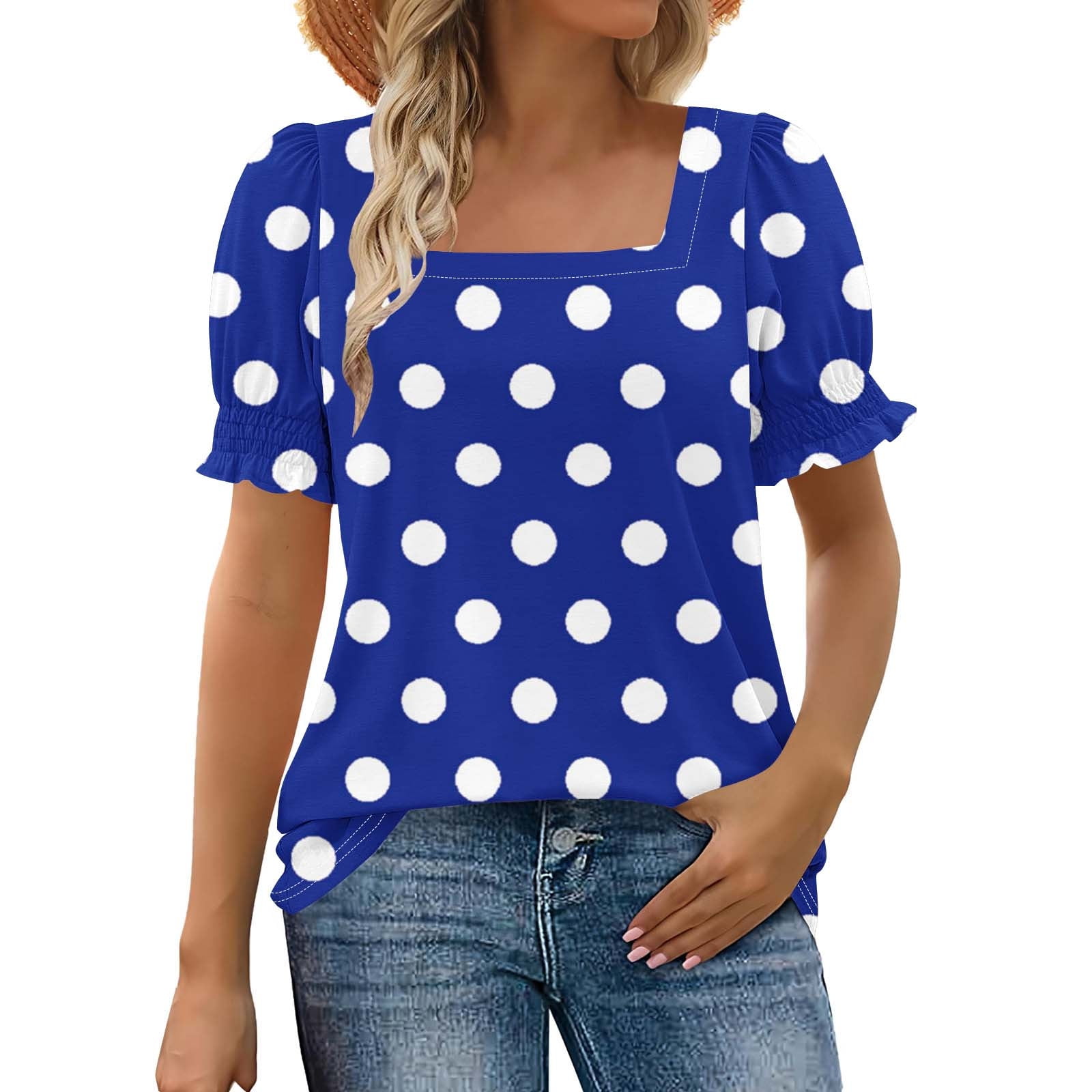 Scyoekwg Womens Dressy Tops Casual Puff Short Sleeve Shirts Polka Dots Print Square Neck Tshirts ...