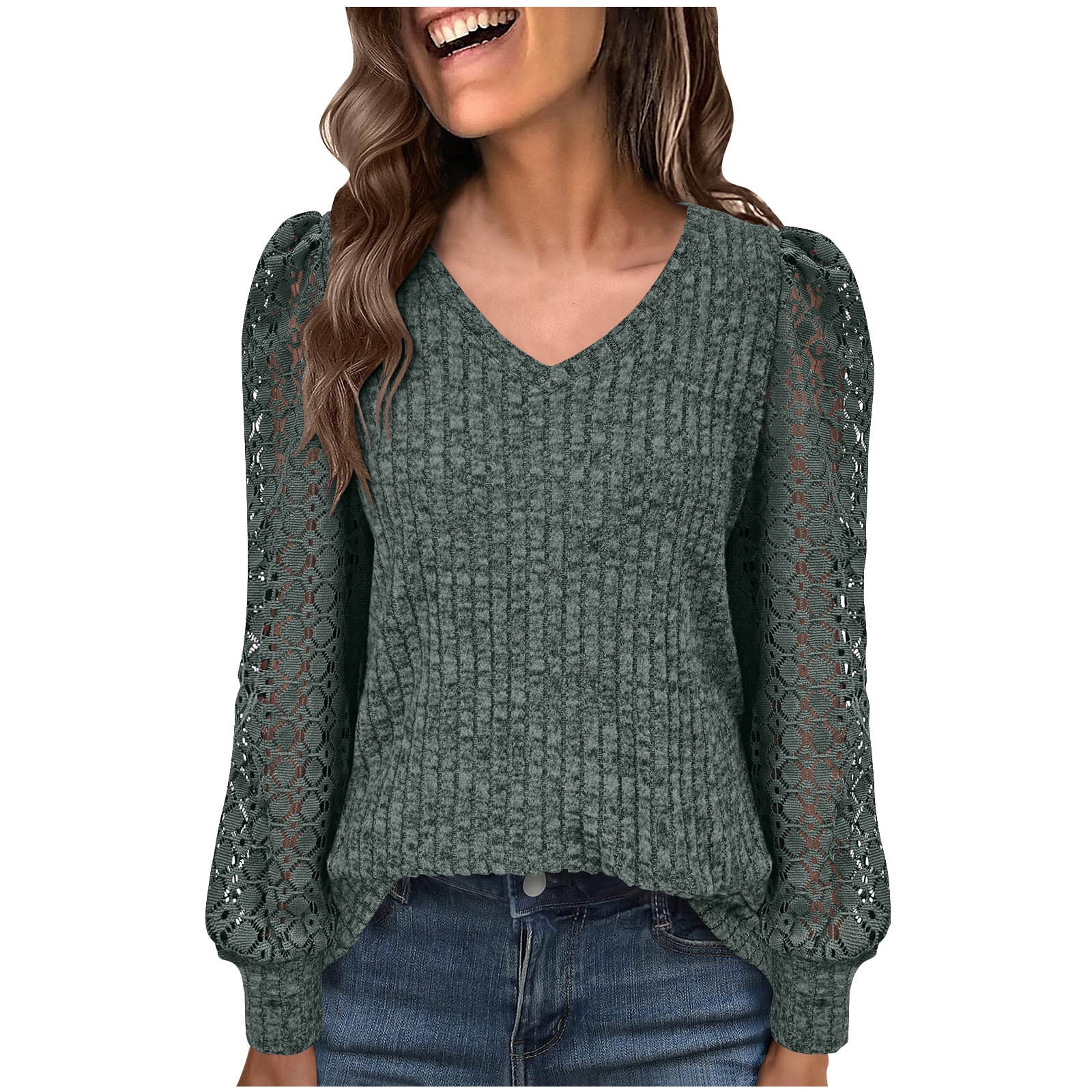 Scyoekwg Womens Knit Tops Long Sleeve Lace Patchwork Knit Sweaters ...