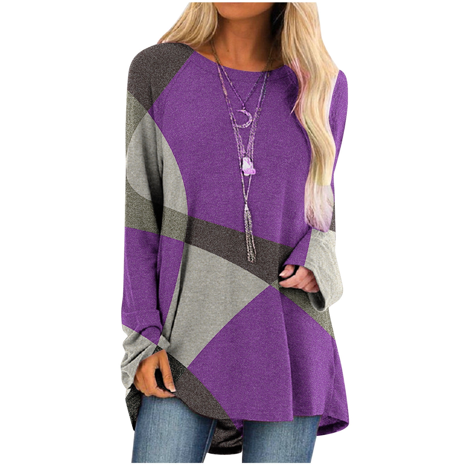 Scyoekwg Womens Long Sleeve Tops Dressy Casual Crewneck Color Block Geometry Printed Long