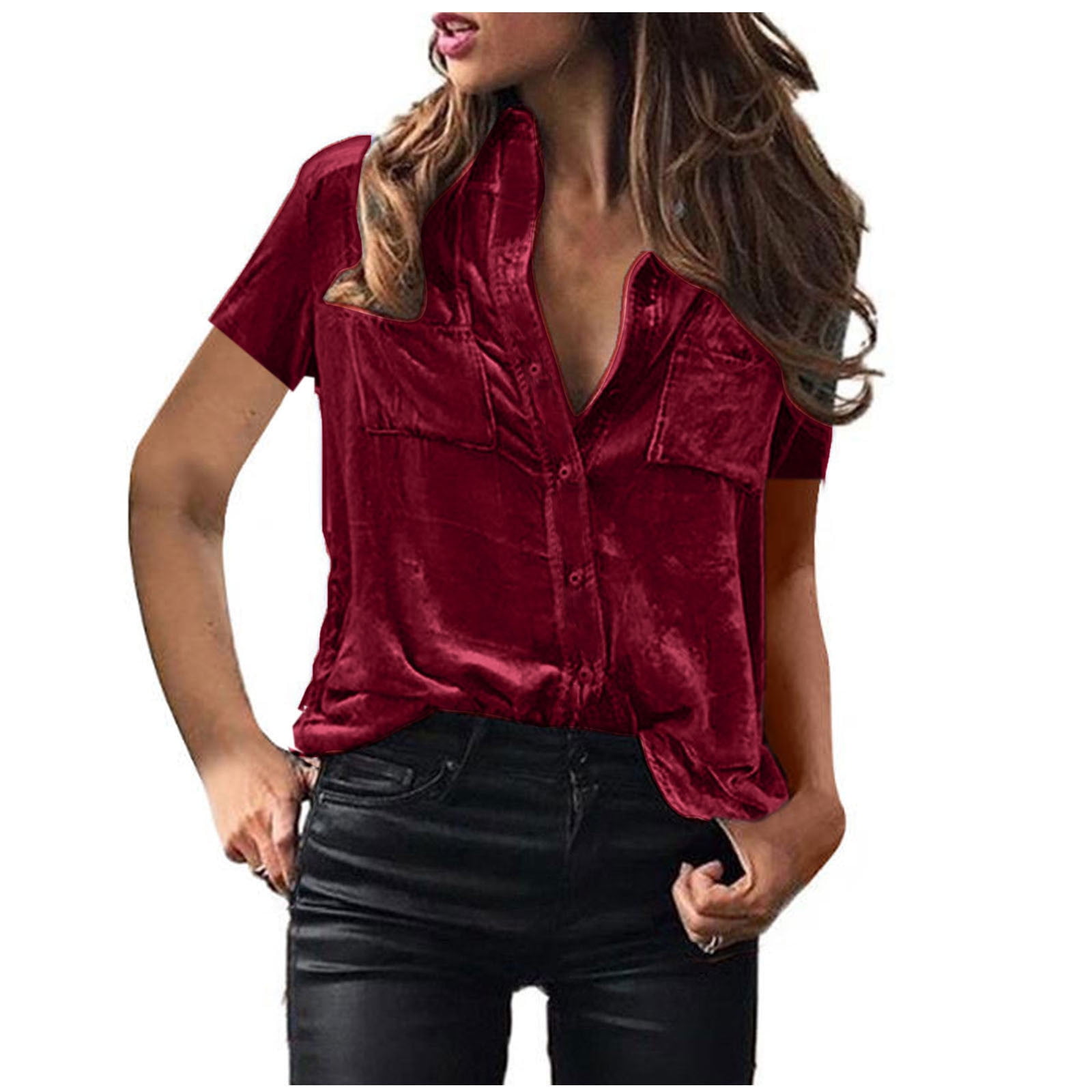 Scyoekwg Womens Short Sleeve Shirts Trendy Lapel Button Gold Velvet ...