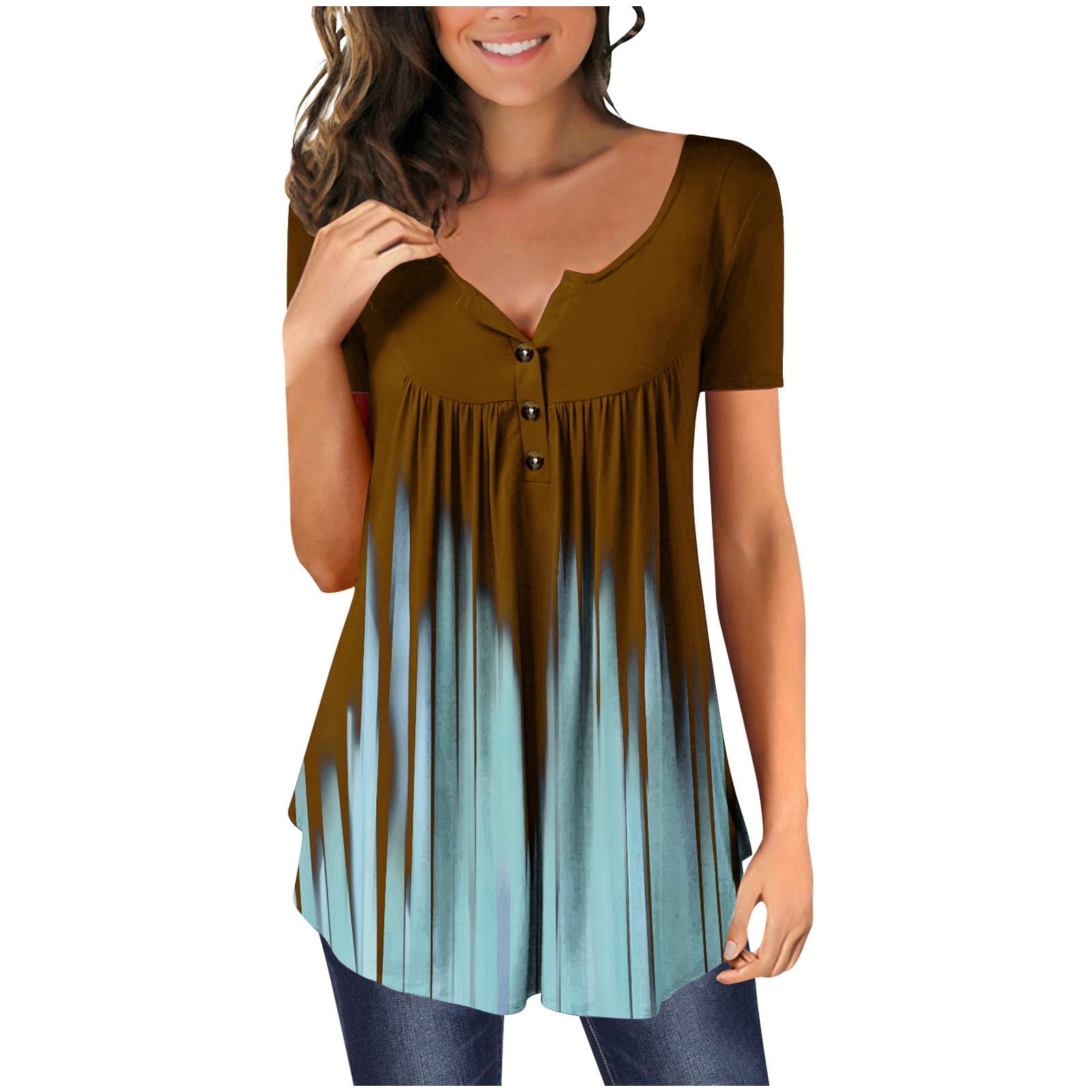 Scyoekwg Womens Summer Short Sleeve Tunic Tops Casual Buttons Round Neck Hide Belly Pleated T ...