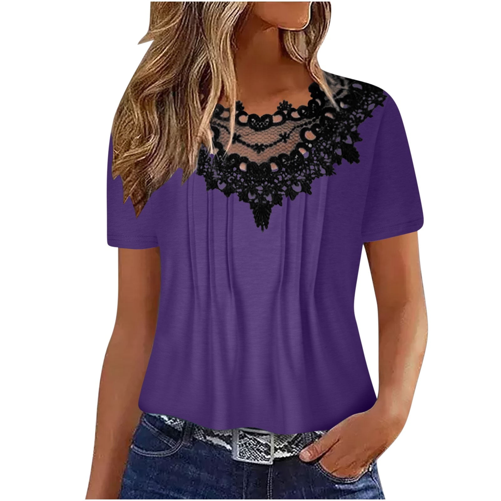 Scyoekwg Womens Tops Ladies Tops Casual Crewneck Crochet Lace Trim ...