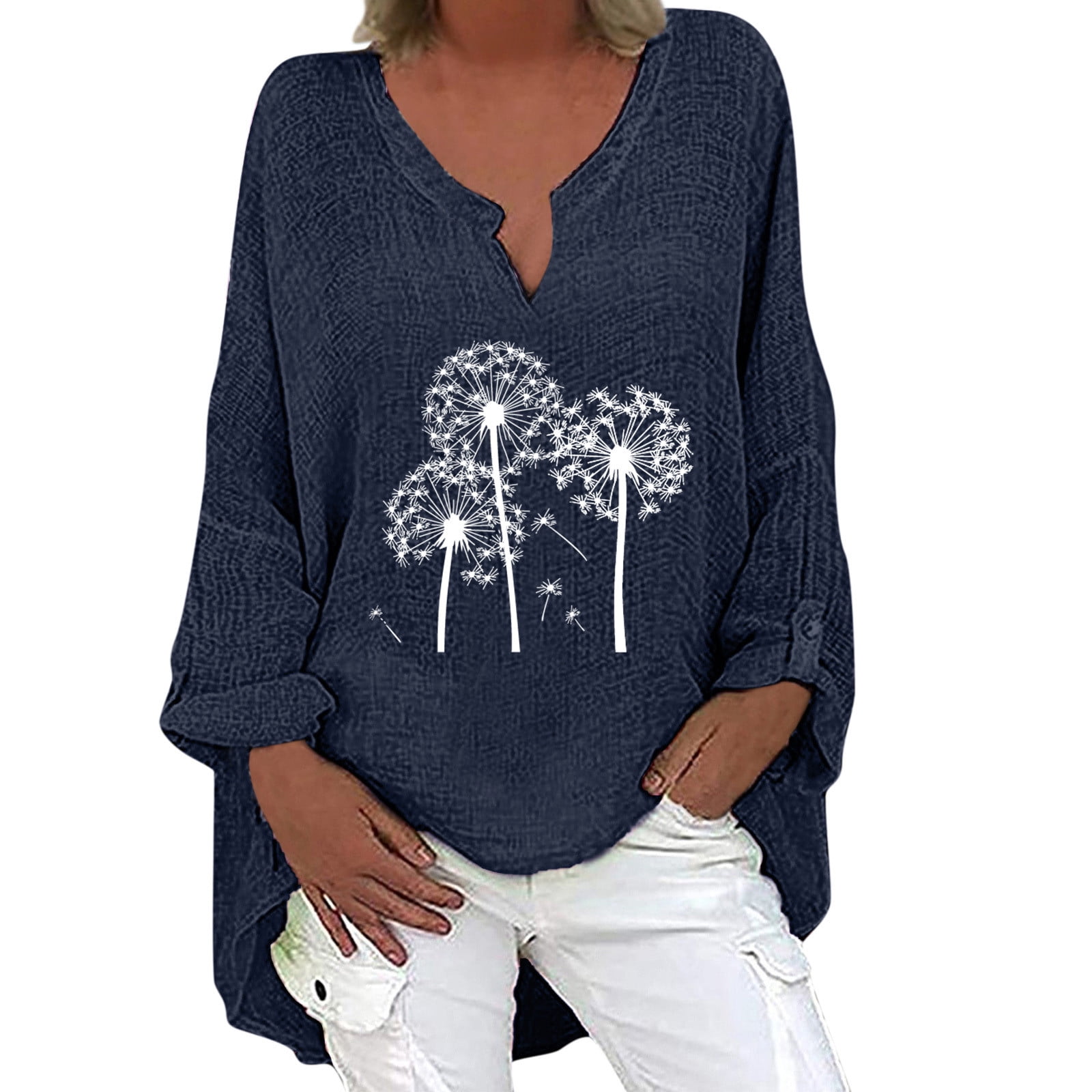 Scyoekwg Womens Tops Roll Up Sleeve Dandelion Print Shirts Casual Notch ...