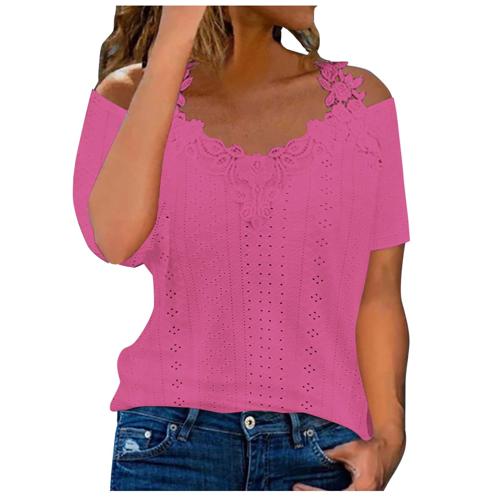 Scyoekwg Womens Tops Summer Crochet Lace Trim V Neck Cold Shoulder Tops ...