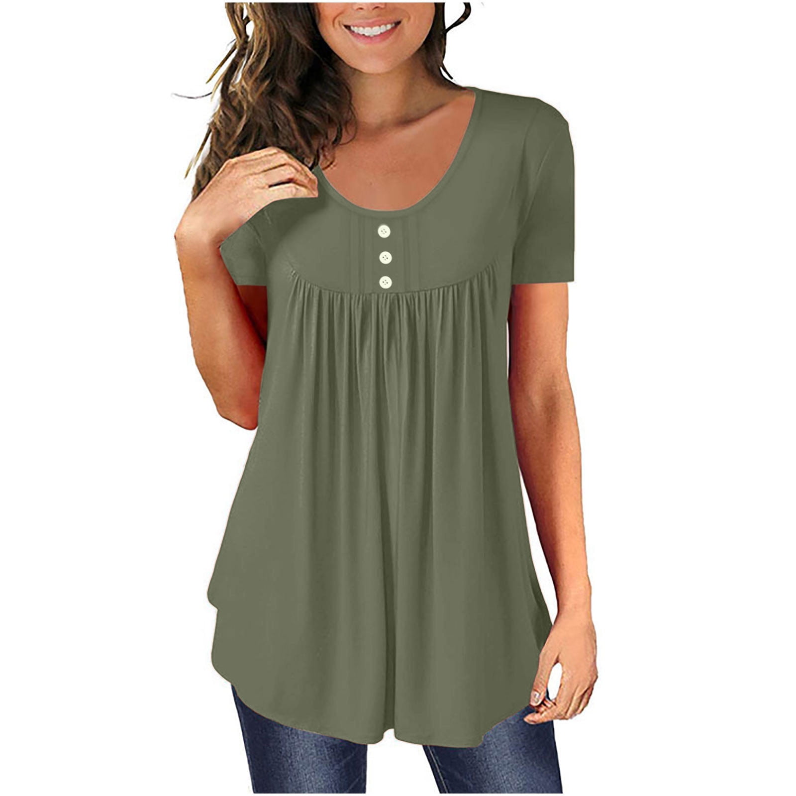 Scyoekwg Womens Tops Summer Henley Shirts Trendy Short Sleeve Button Up Tunic Tops Cute Long ...