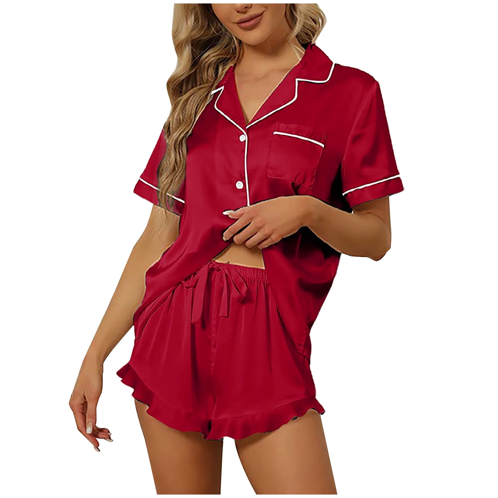 Sdeycui Womens Satin Pajama Set Ruffled Short Sleeve Button Down Top ...