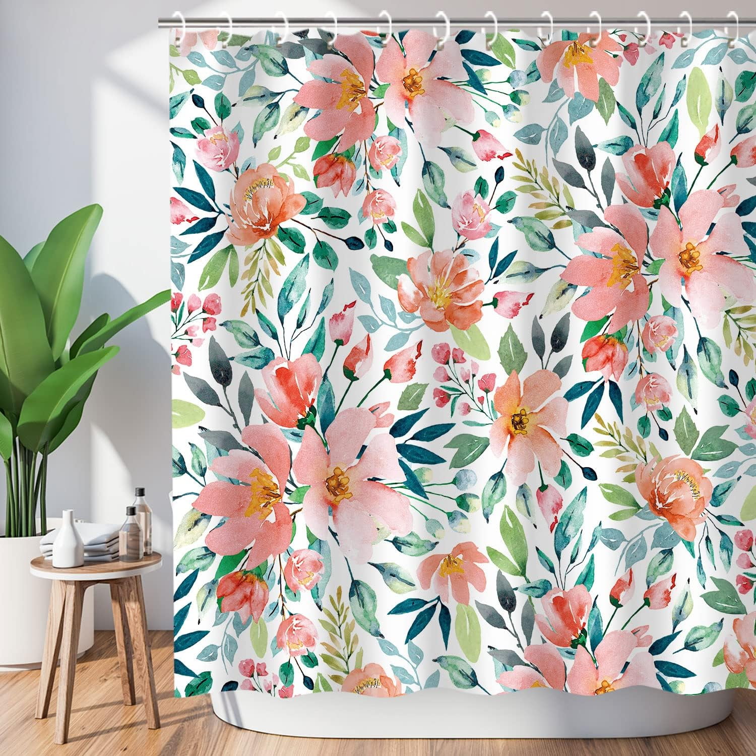 Sdmnsg-T 72x72 inch Pink Floral Shower Curtain, Flowers with Green Leaf ...