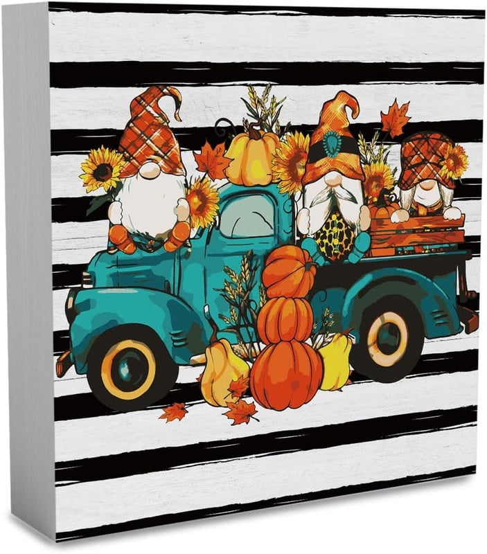 Sdmnsg-T Fall Gnomes Truck Pumpkin Wood Box Sign 5 x 5 Inch Home Office ...