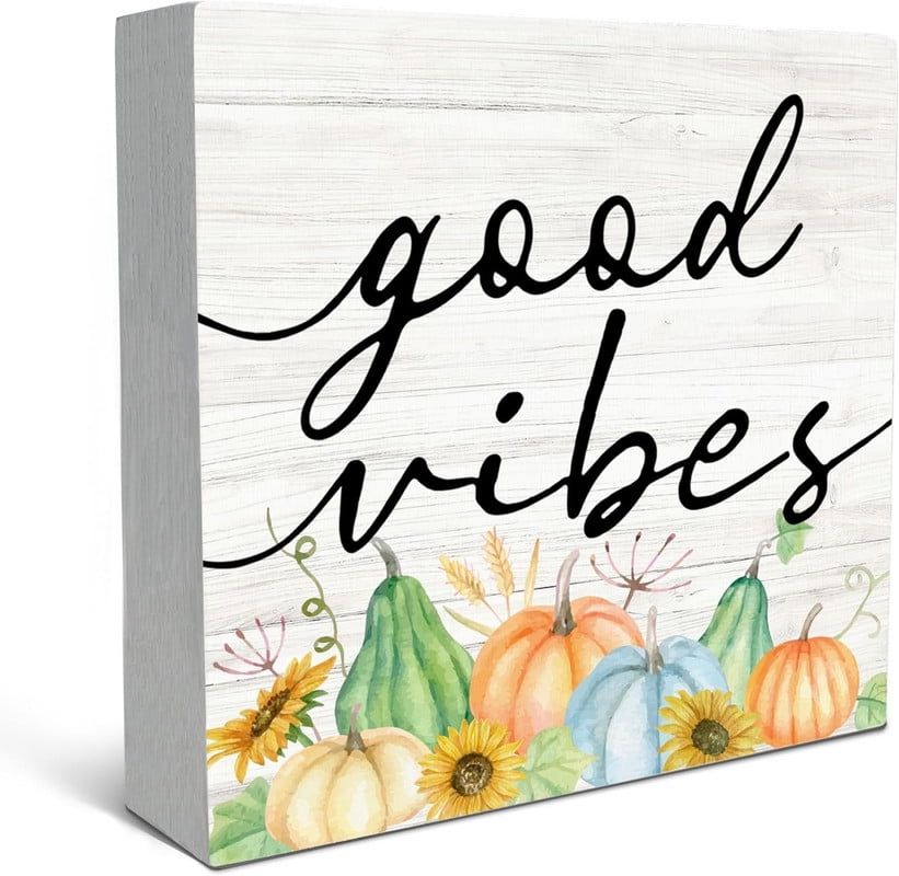 Sdmnsg-T Good Vibes Colorful Fall Pumpkin Wood Box Sign 5 x 5 Inch Home ...