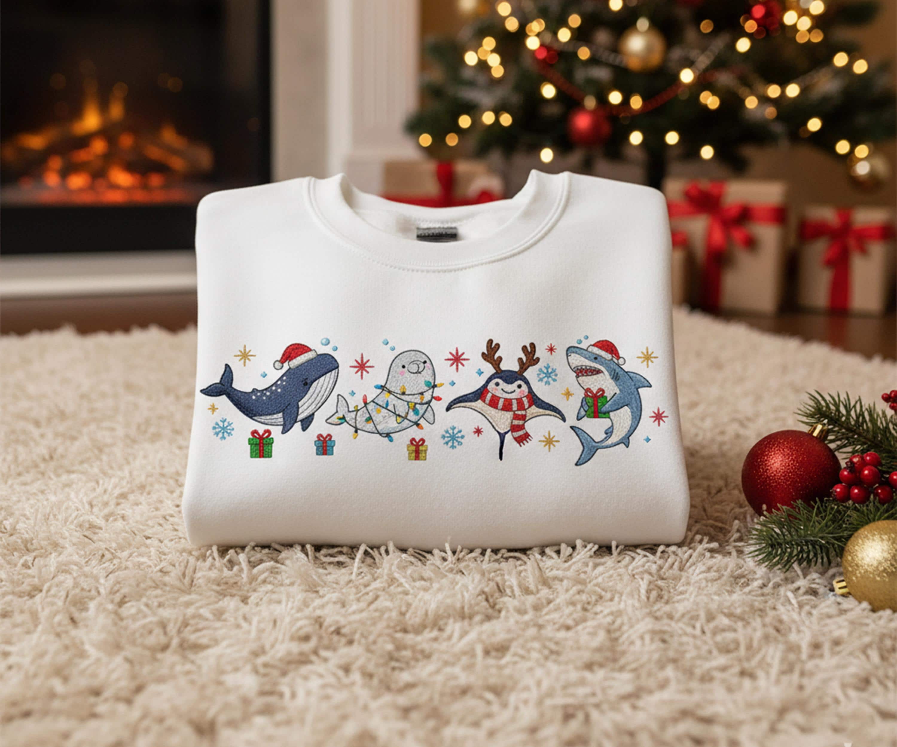 Sea Animal Christmas Embroidered Shirt, Cute Ocean Lover Tee, Funny ...