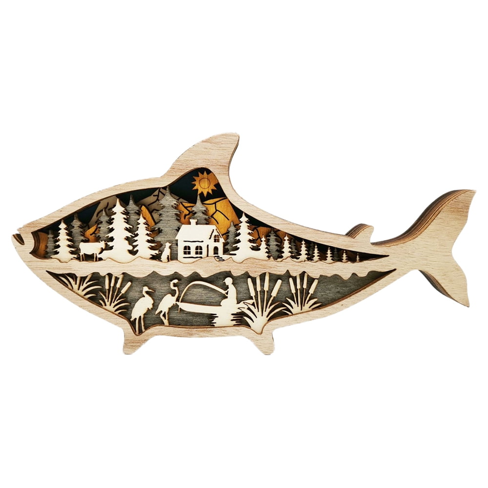 Sea Animal Decor Wooden Fish Statues and Figurines Home Ornament ...