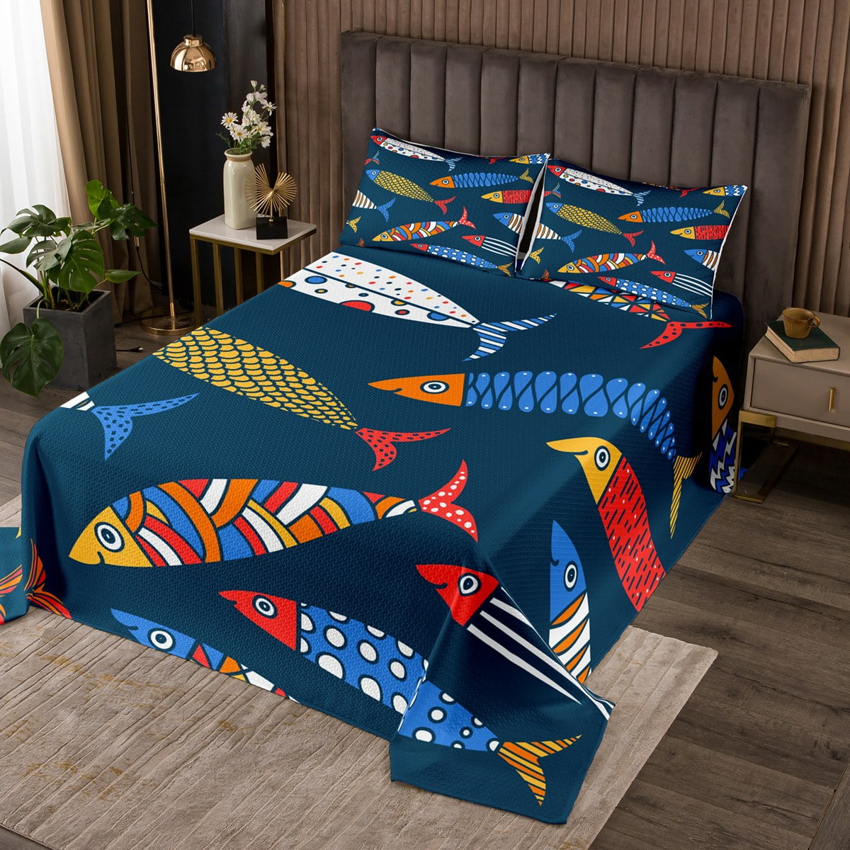 Sea Animal Quilt Set Queen, Aztec Rainbow Fish Bedspread Set, Tribal ...