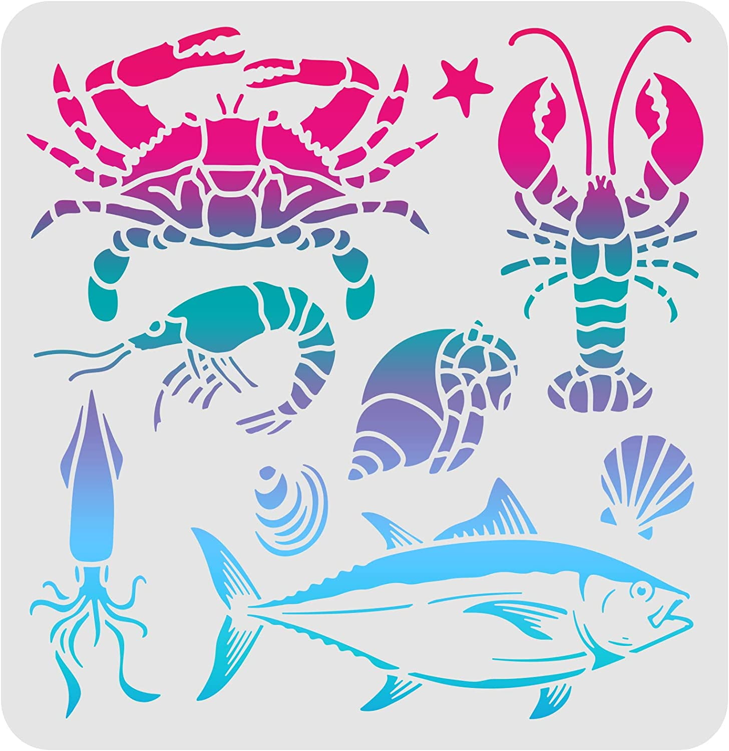 Sea Animal Stencil 11.8x11.8 inch Fish Shrimp Crab Octopus Conch Shells ...