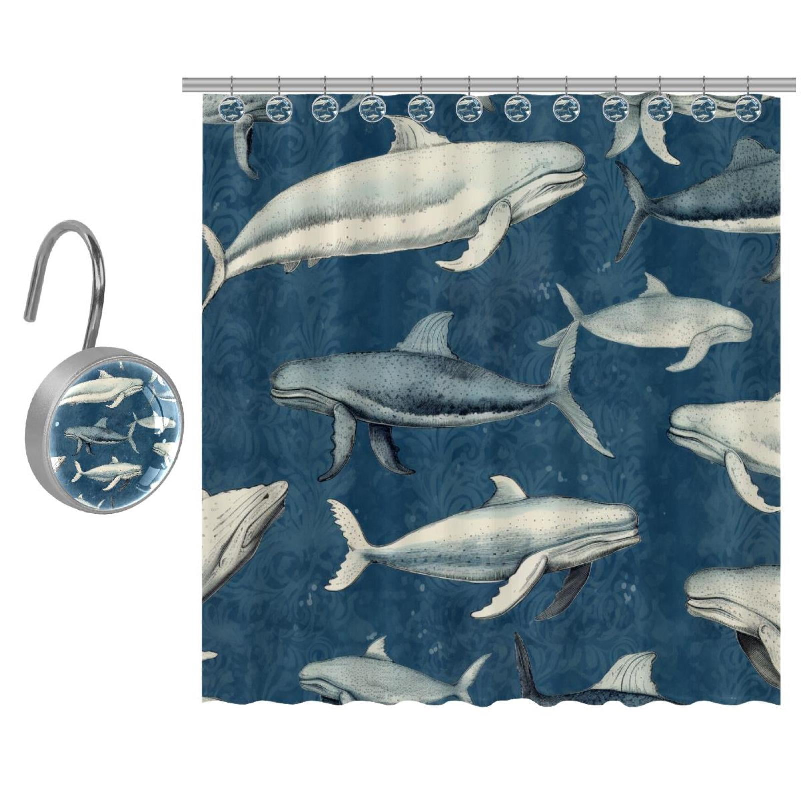 Sea Animal Whales Prints Shower Curtain, Polyester Shower Curtain Set ...