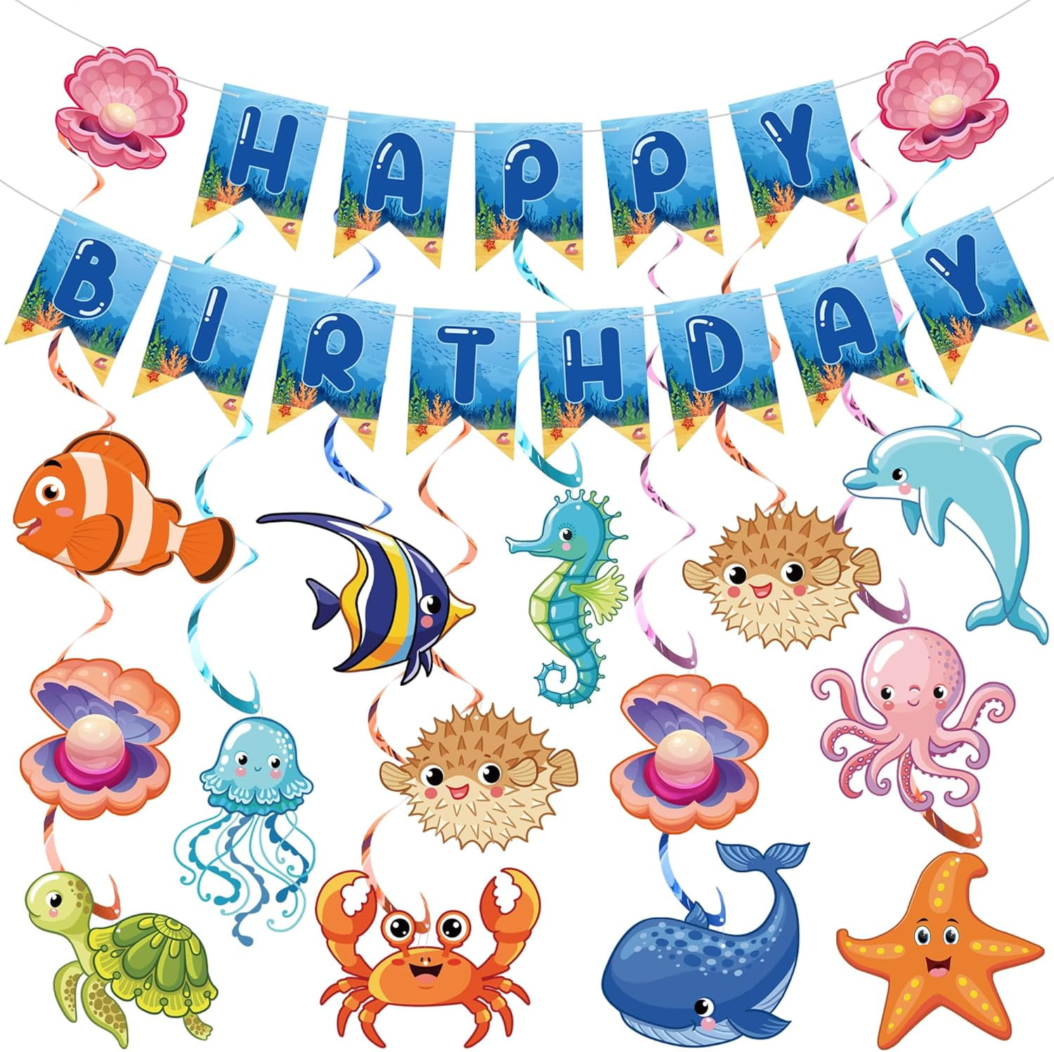 Sea Animals Birthday Decorations Ocean Themed Hanging Swirls and Banner ...